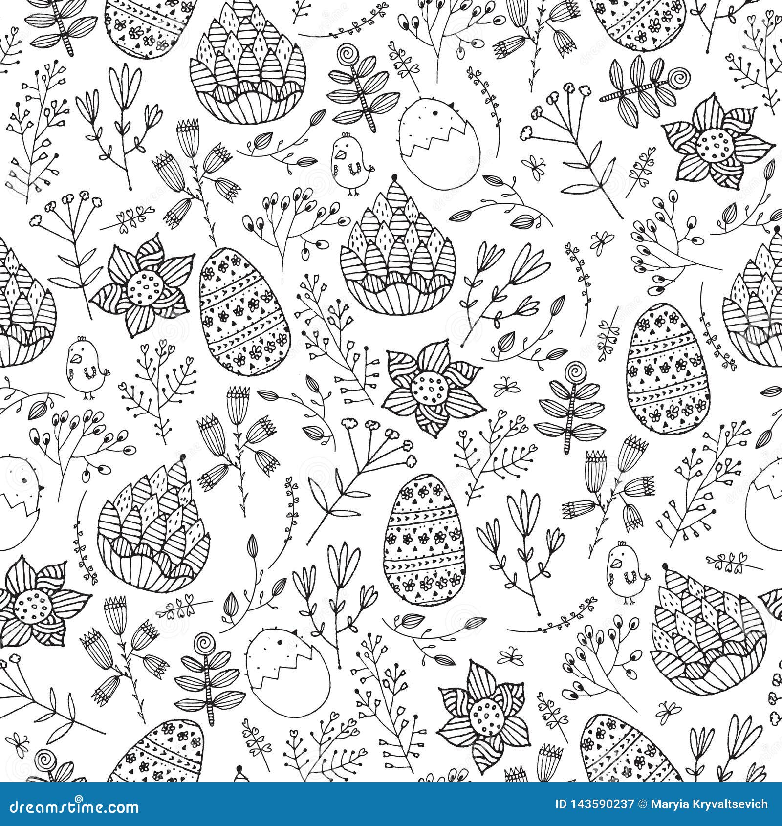 Vector Easter Seamless Doodle Pattern. Hand Drawn Eggs, Flowers, Leaves Background Stock Vector ...