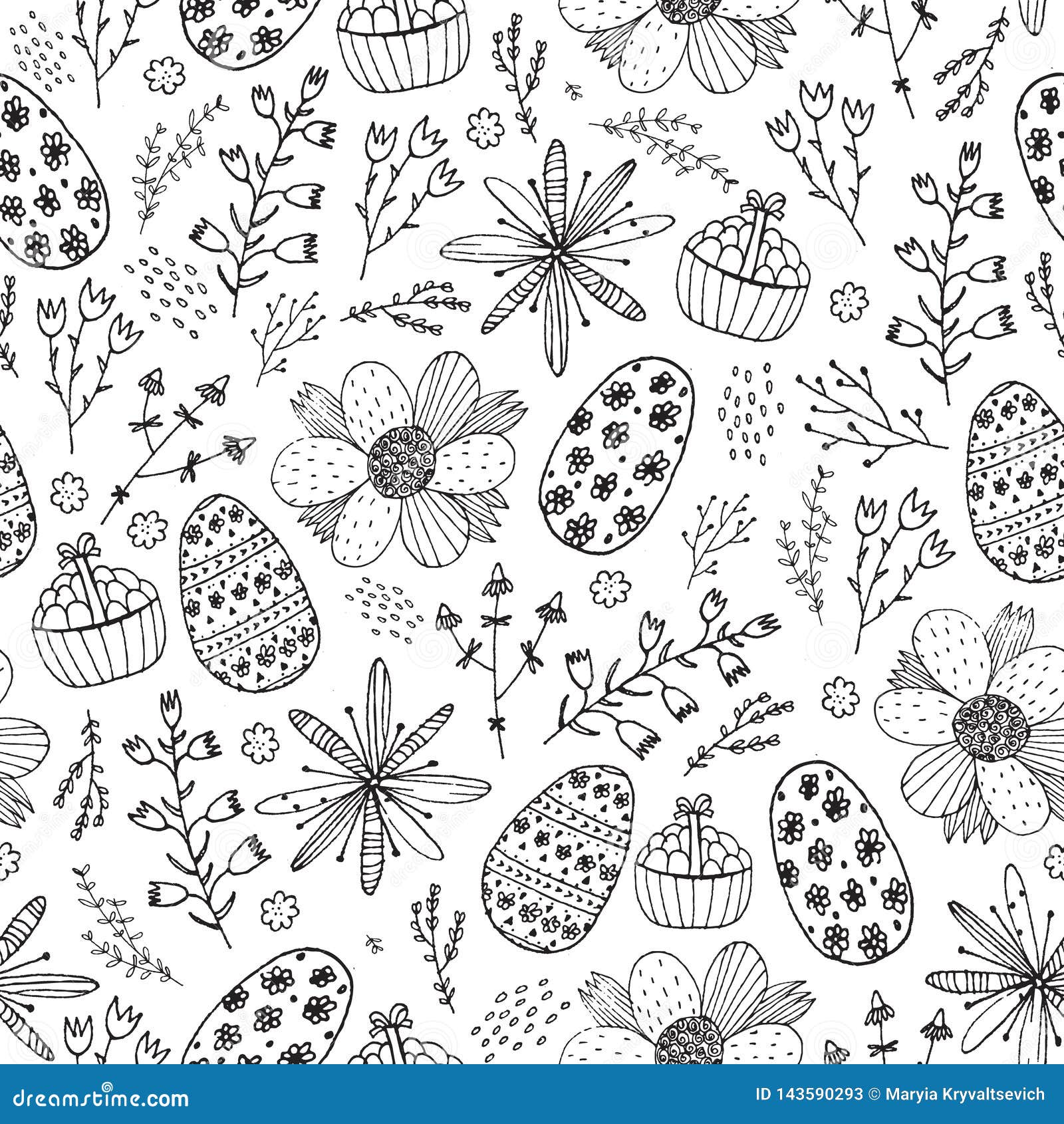 Vector Easter Seamless Doodle Pattern. Hand Drawn Eggs, Flowers, Leaves ...