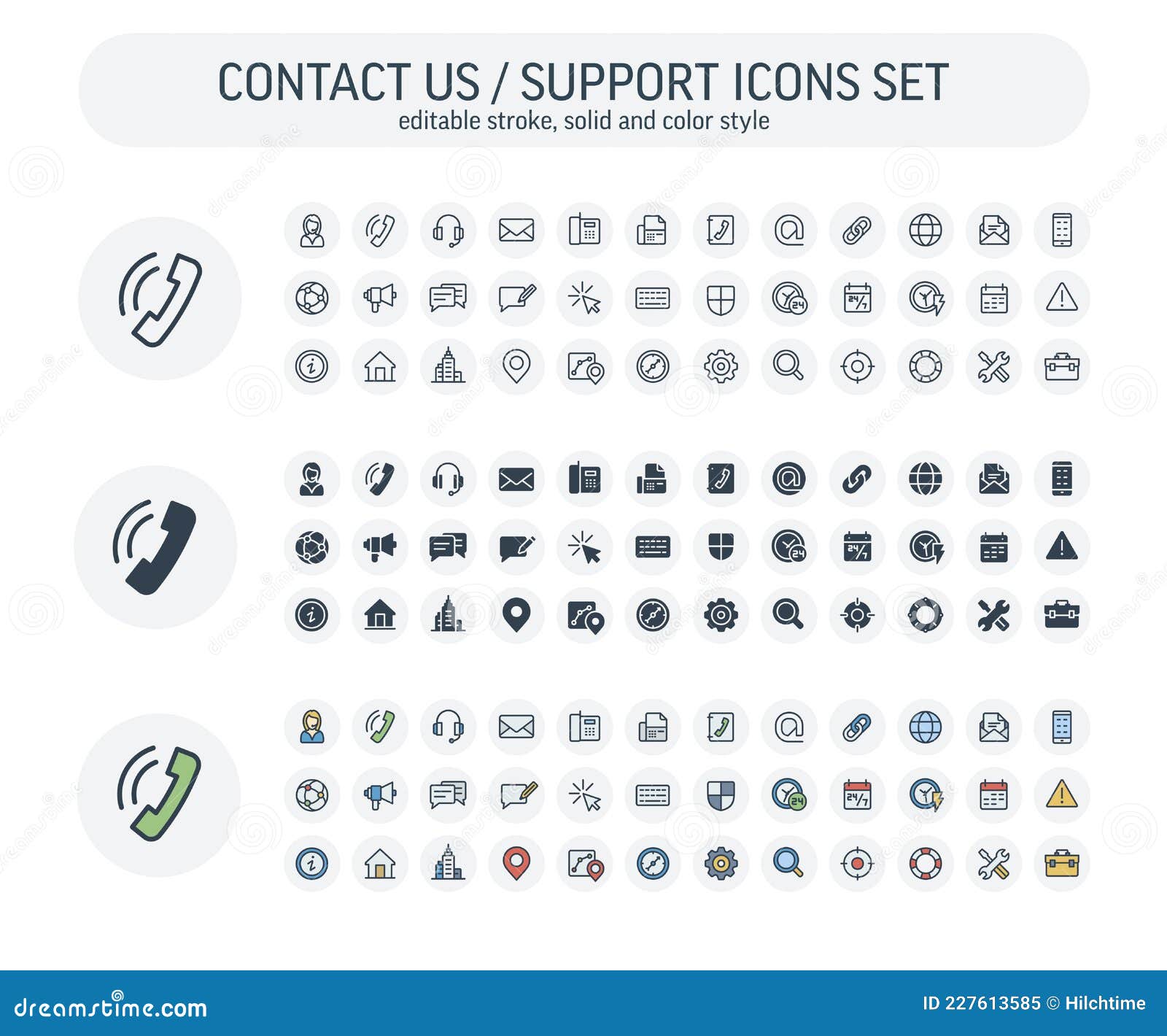 Vector Editable Stroke, Solid, Color Style Icons Set with Contact Us ...