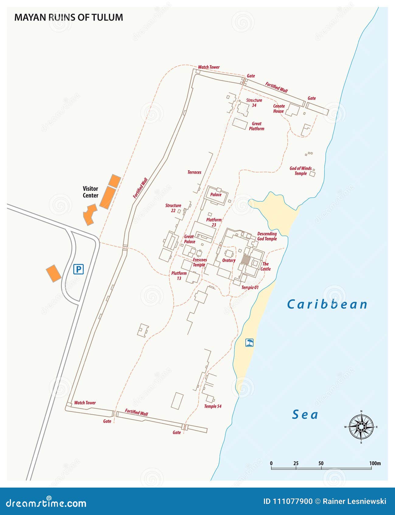 Vector El Mapa De Las Ruinas Mayas De Tulum, México Ilustración del ...