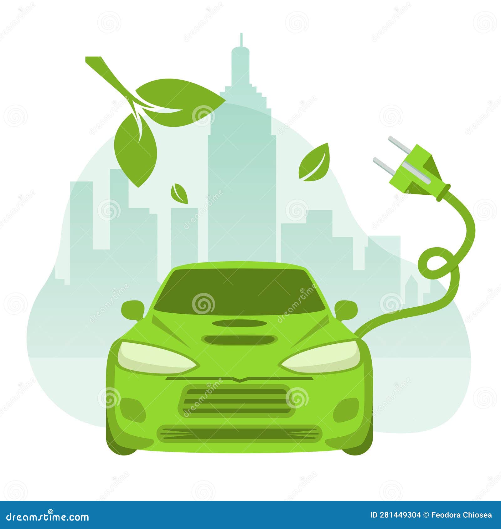Vector of an Electric Car on a Cityscape Background Stock Illustration ...