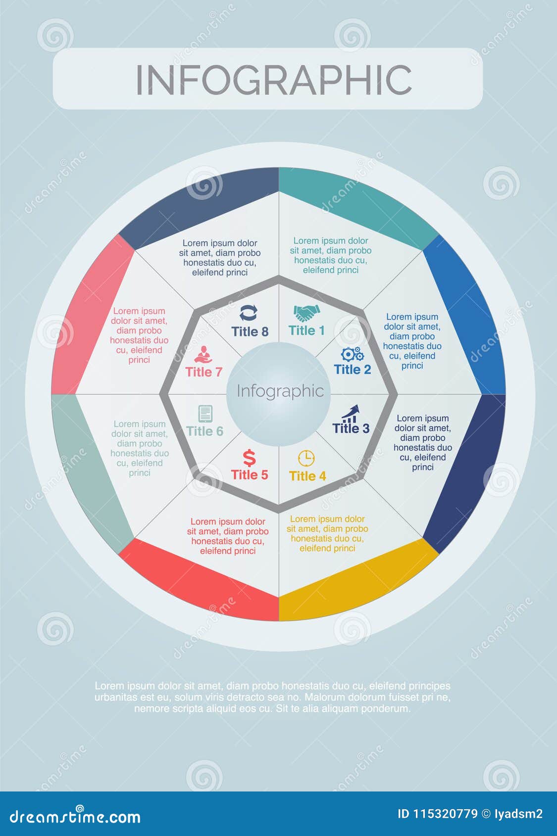 Eight Shape Infographics Colorful with Circles and Icons Design Stock ...