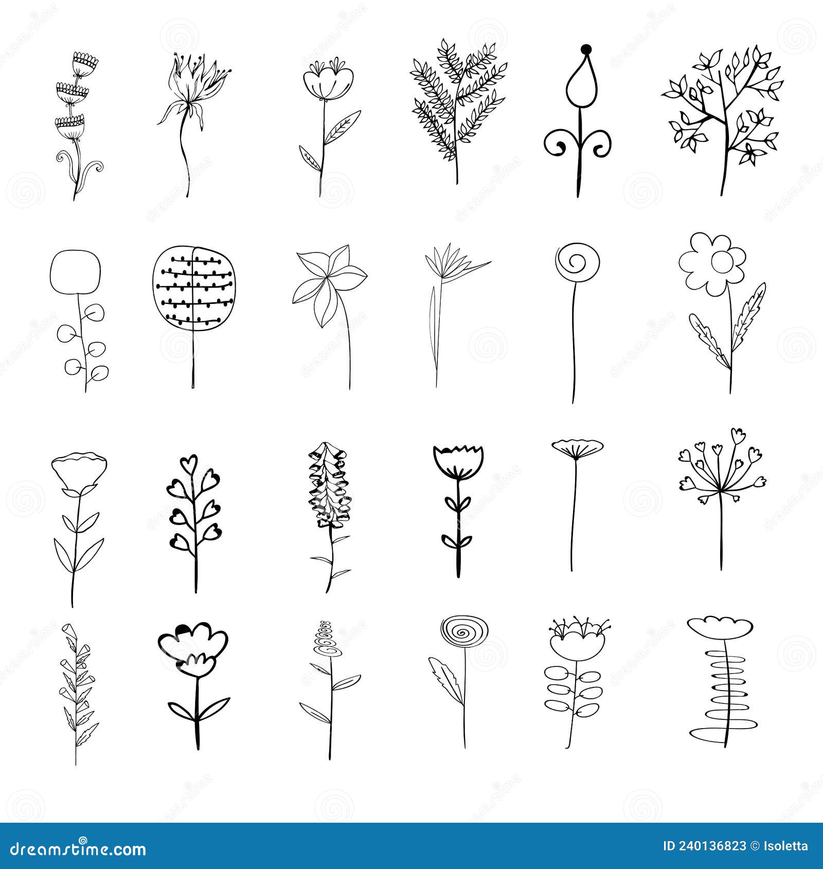 Vector Elements. Set of Plants and Flowers. Outline Sketched Style ...
