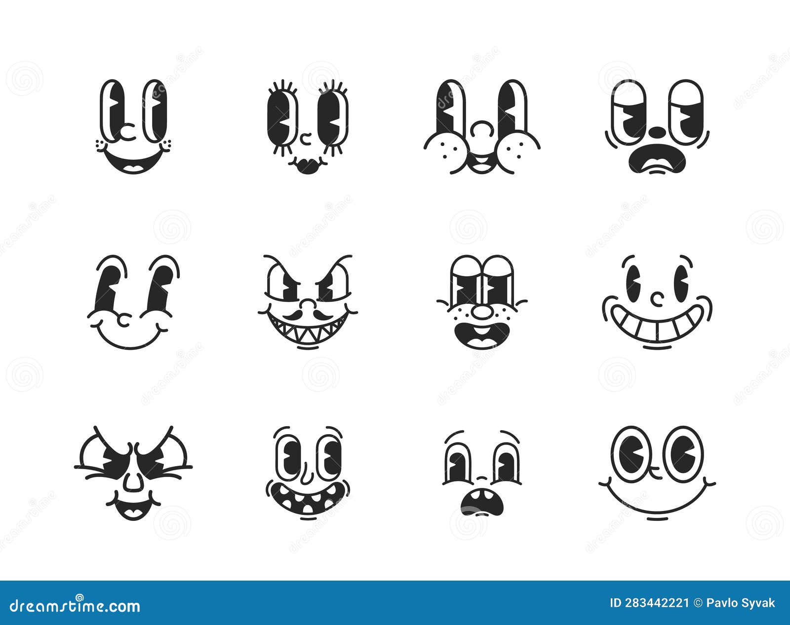 Vector Emoji Set. Lively Black And White Cartoon Comic Style Faces Set ...