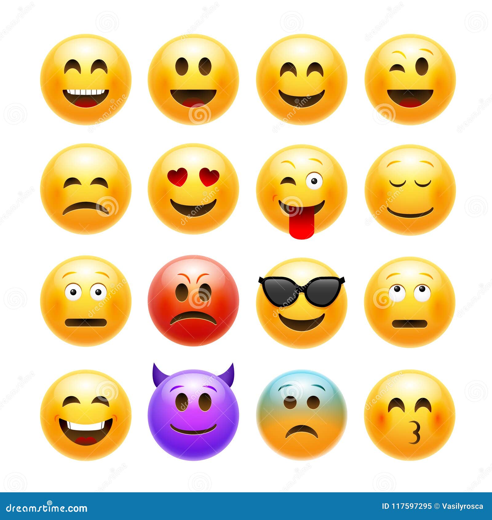 Vector Emoticons Emoji Set. Smile Face Character For Chat Web. Funny ...