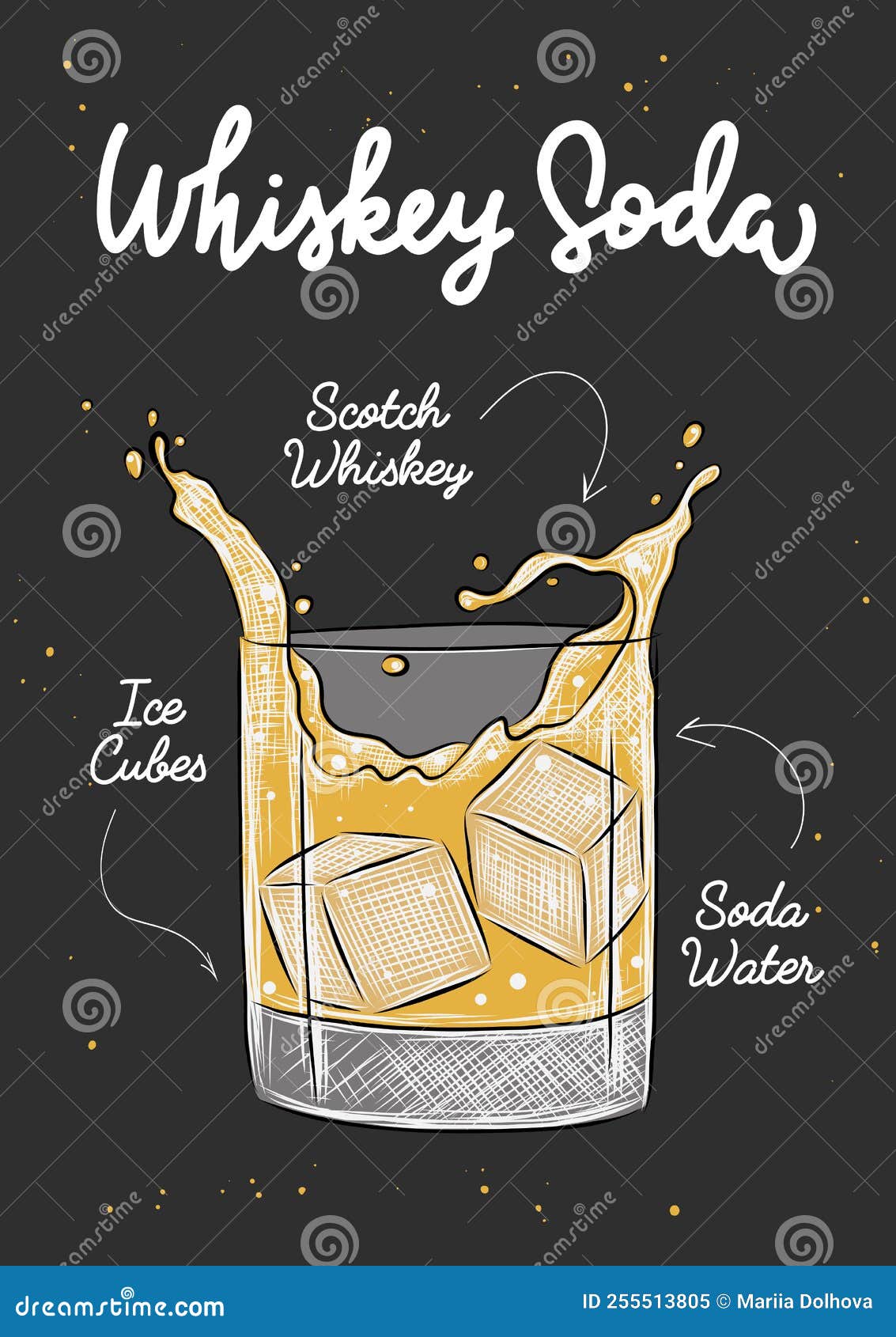 Vector Engraved Style Whiskey Soda Cocktail With Ice Cubes And Splashes Illustration For Posters