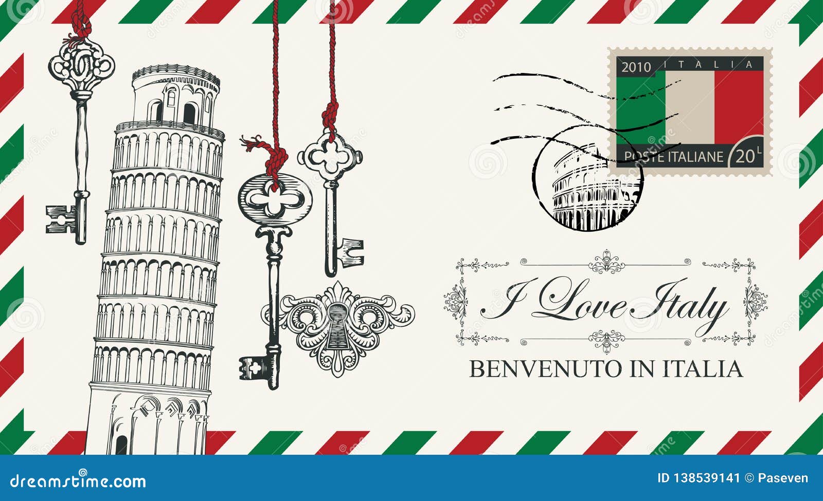 Vector Envelope or Postcard with Pisa Tower Stock Vector - Illustration ...