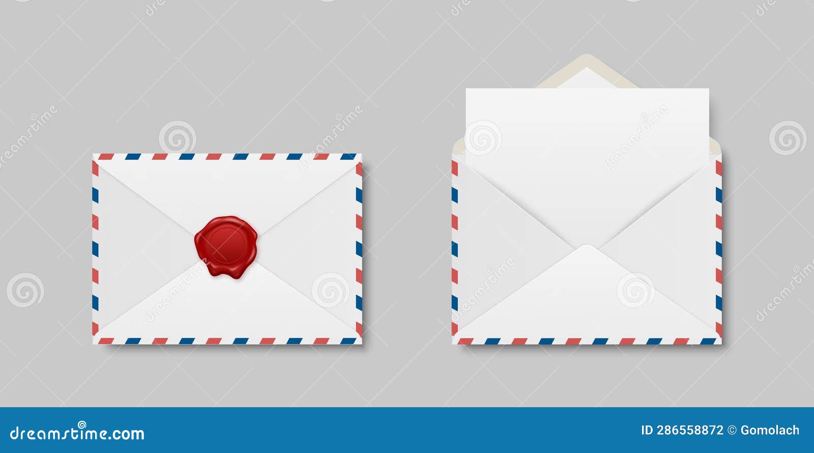 Vector Envelopes with Red Wax Seal and Blank Letter. Folded, Unfolded ...