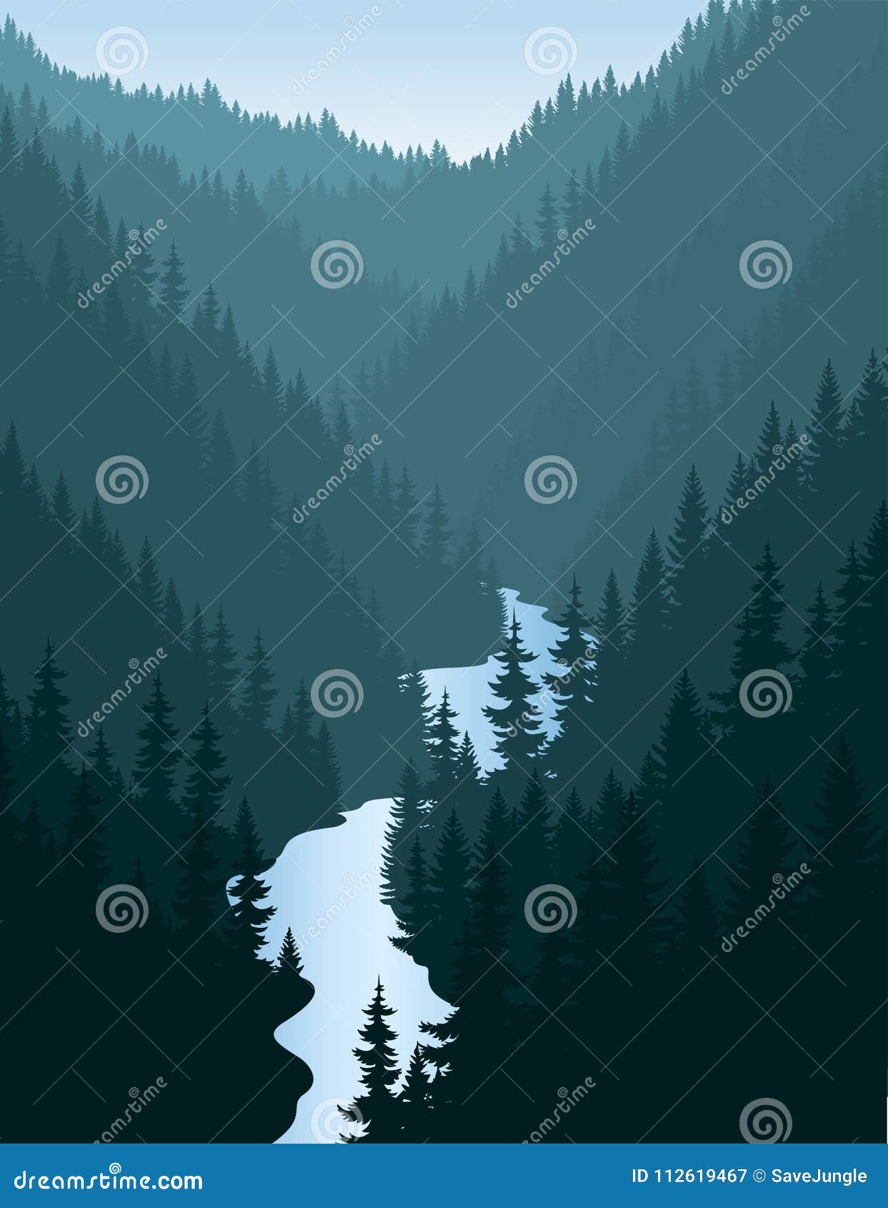 Vector Evening in Beautiful Mountains Forest with River Stock Vector ...