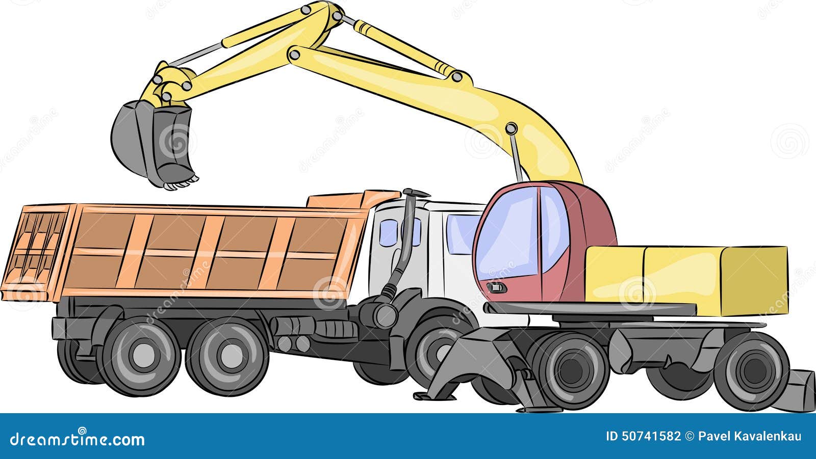 Excavator Loads Dump Truck At Construction Site Cartoon Vector ...