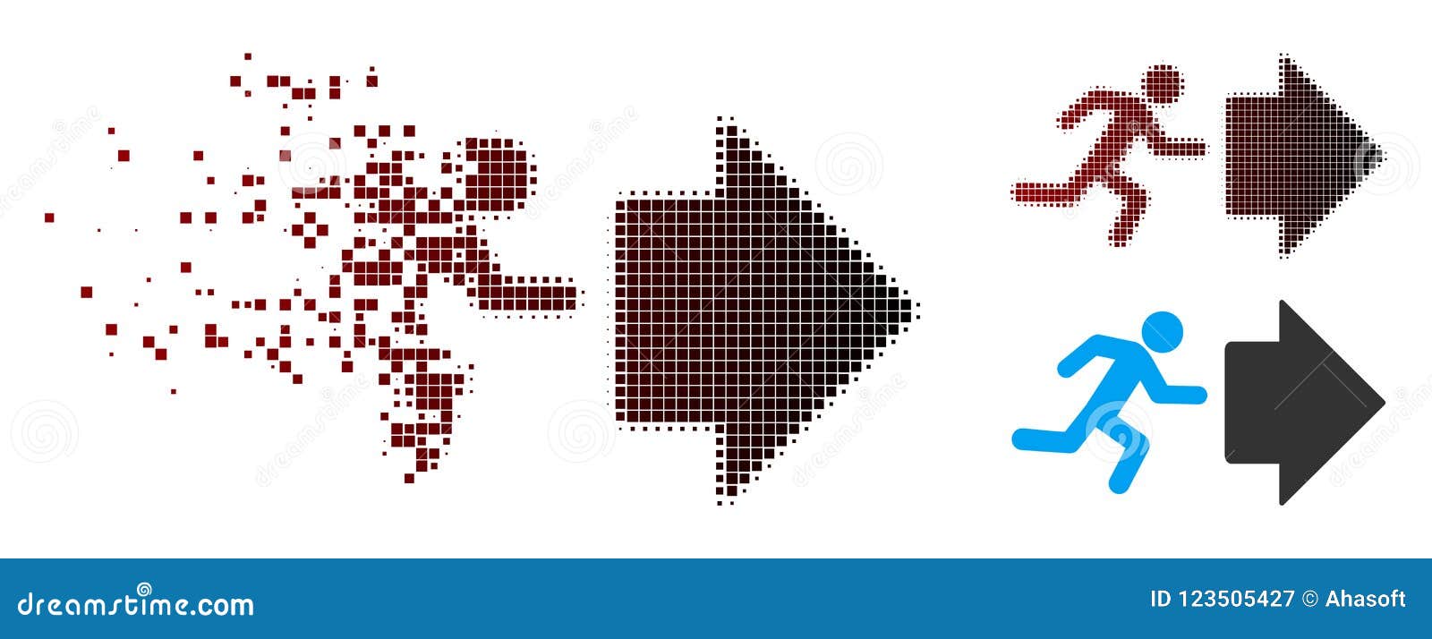 Fractured Pixel Halftone Exit Direction Icon Stock Vector ...