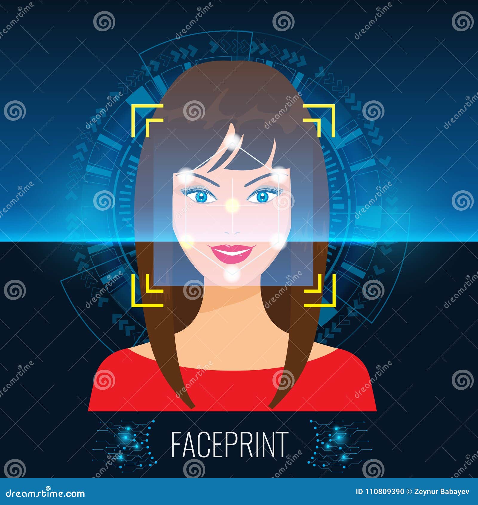 Vector Face Recognition or Faceprint Technology Scanning Woman`s Face ...