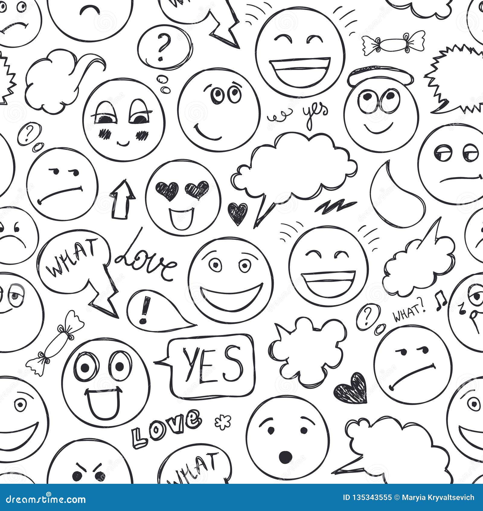 Vector Faces Seamless Pattern. Emotions, Doodle, Freehand Drawing ...