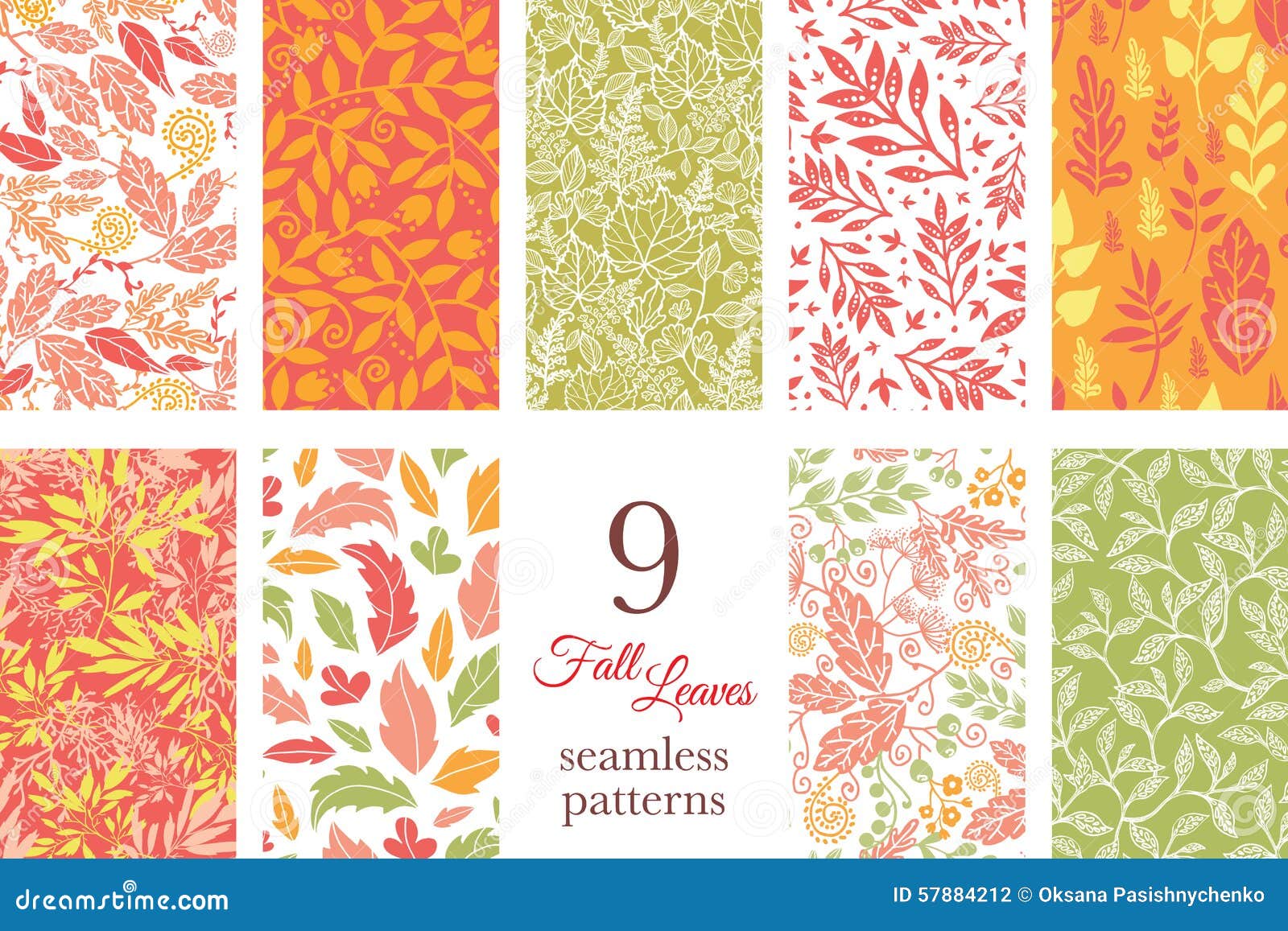 Vector Fall Leaves Nine Set Seamless Patterns Stock Vector ...