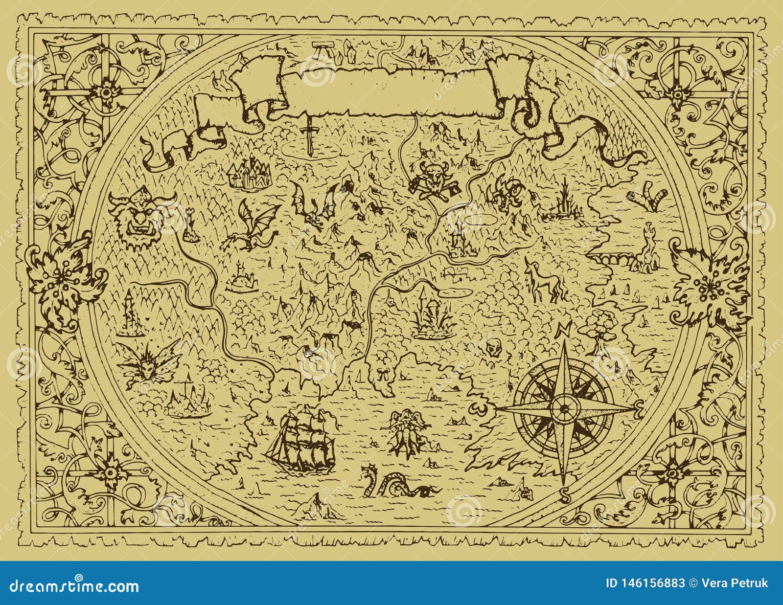 Vector Fantasy Map with Baroque Decorative Frame and Mythology ...