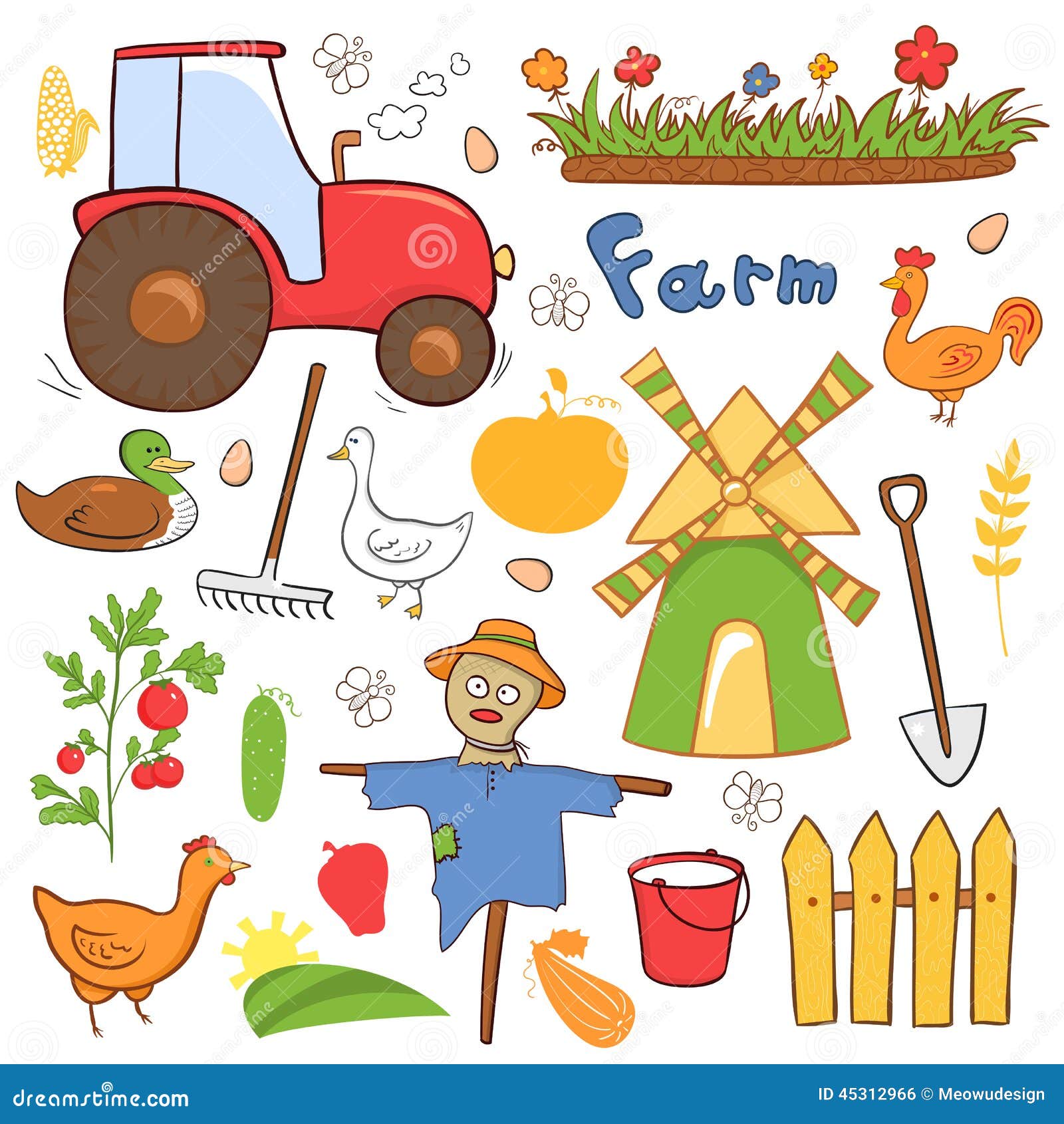 Vector Farm Cute Illustrations Set in Doodle Style Stock Vector ...