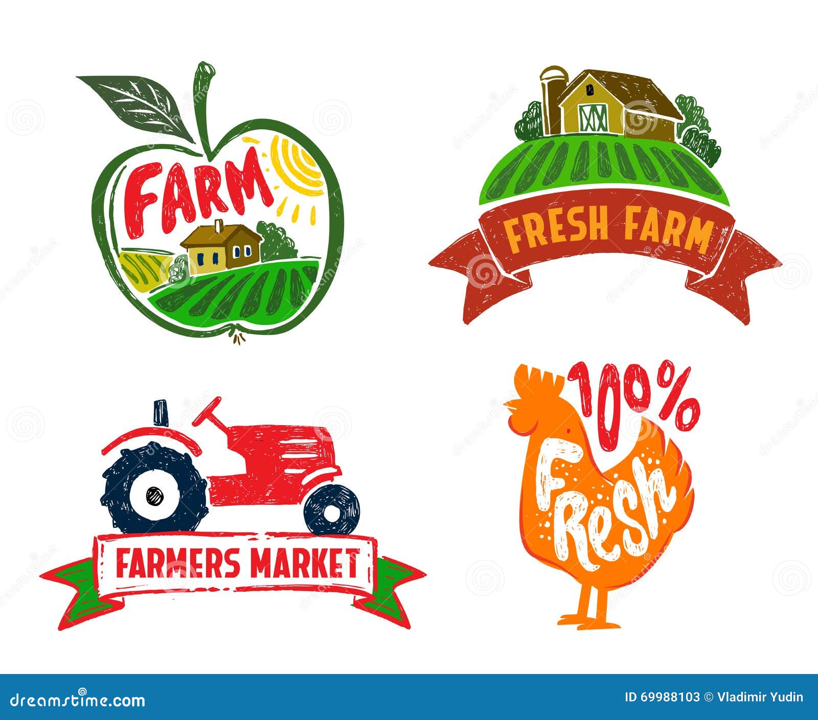 Farm Labels Set, Cartoon Vector Illustration, Farming Emblems With ...