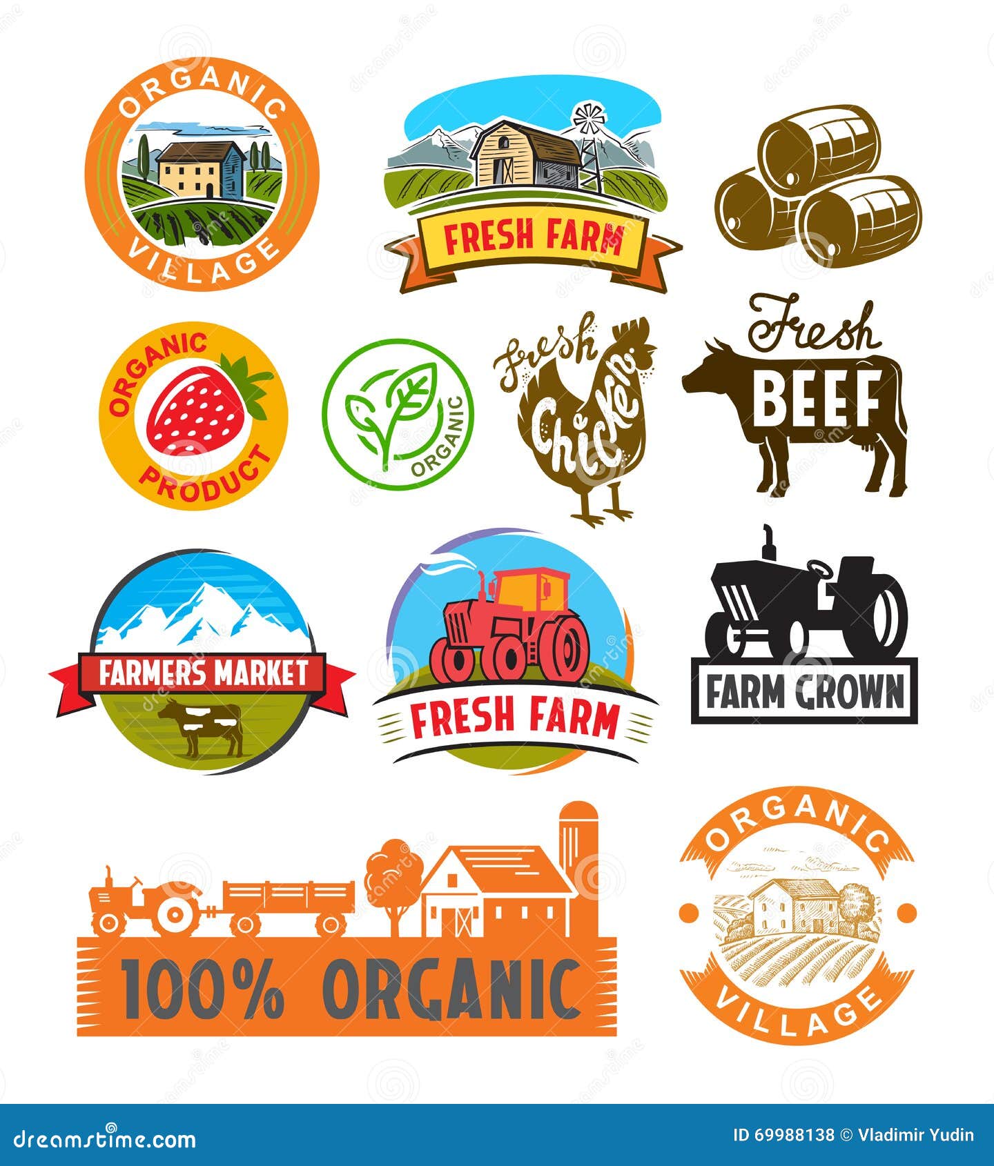 Farm Labels Set, Cartoon Vector Illustration, Farming Emblems With ...