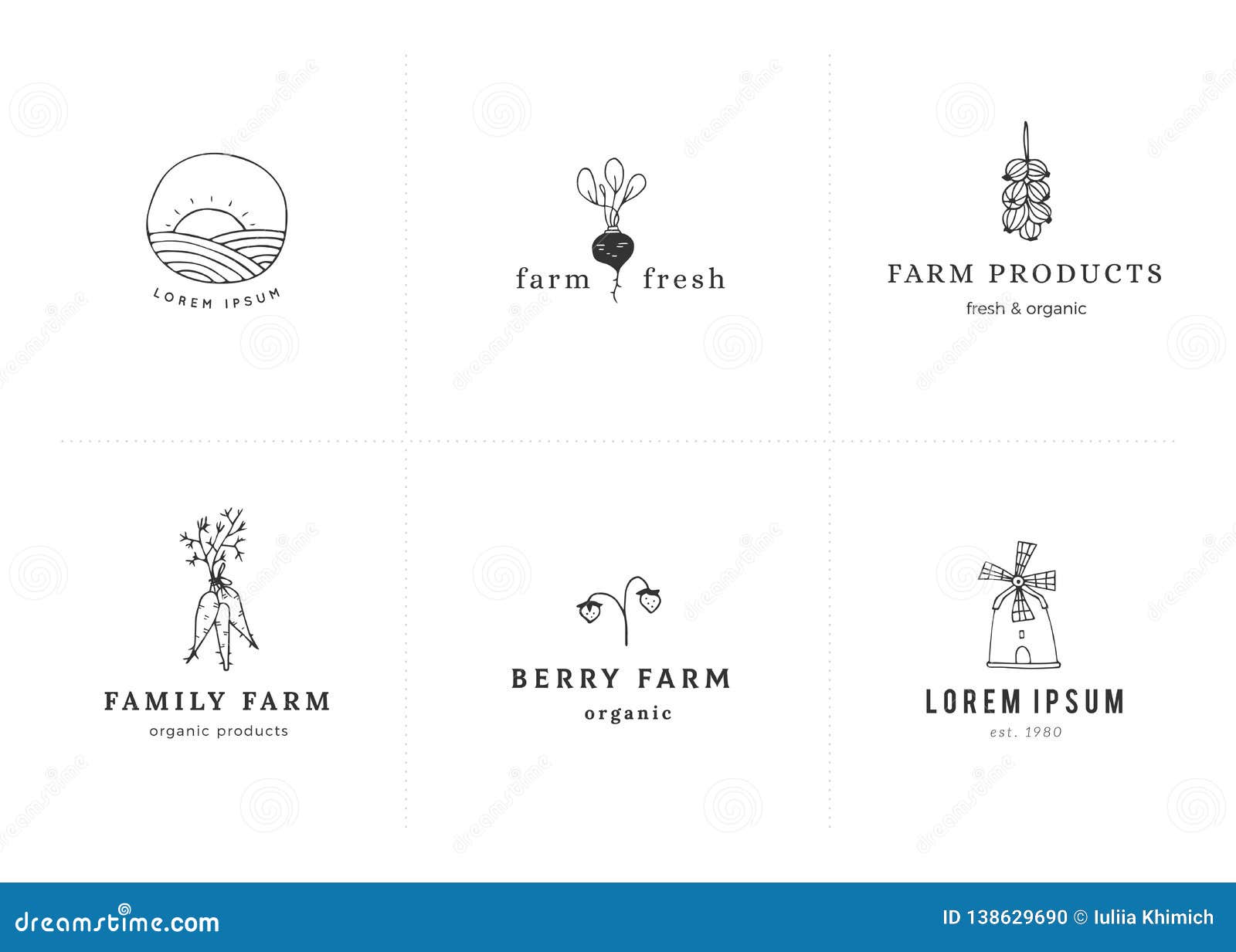 Vector Farm Logo Templates Set. Minimal Hand Drawn Objects Stock Vector ...