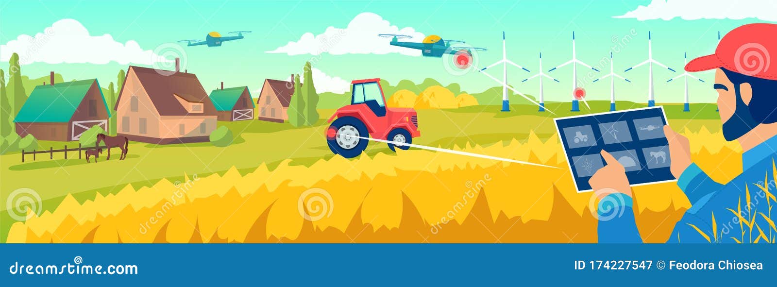 Vector of a Farmer Managing His Farm with an App on His Tablet Stock ...