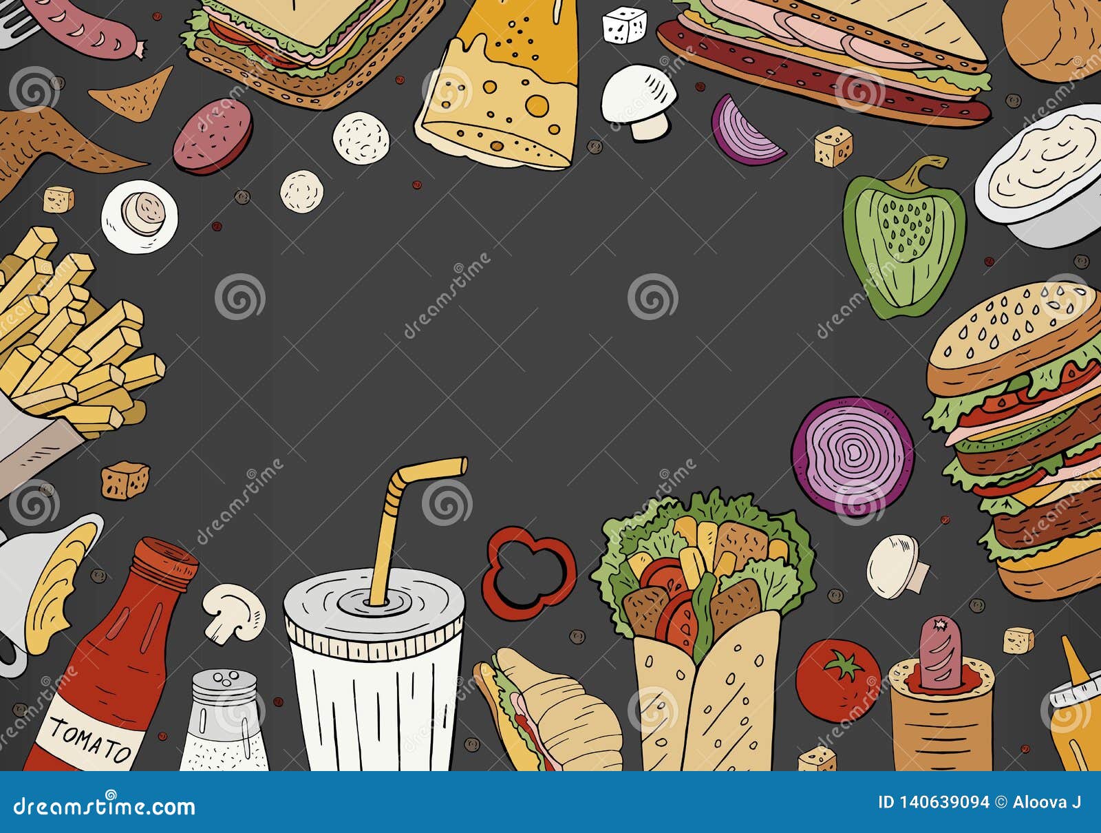 Vector Fast Food Background, Top View on Black Background with Space ...