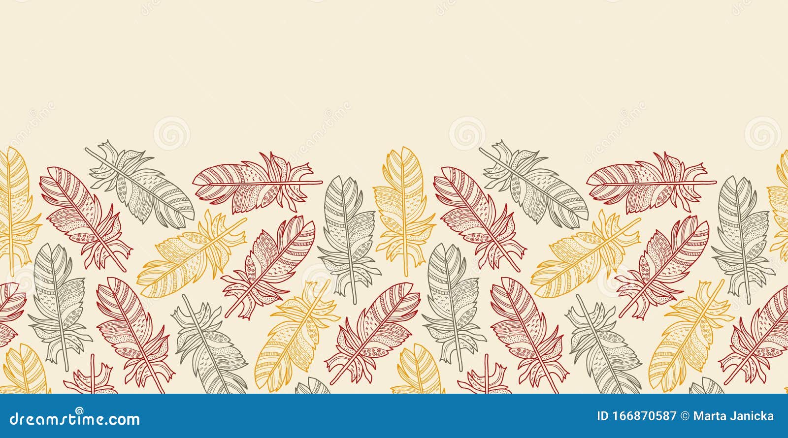 Vector Feather Seamless Border in Beige, Red, Orange Stock Vector ...