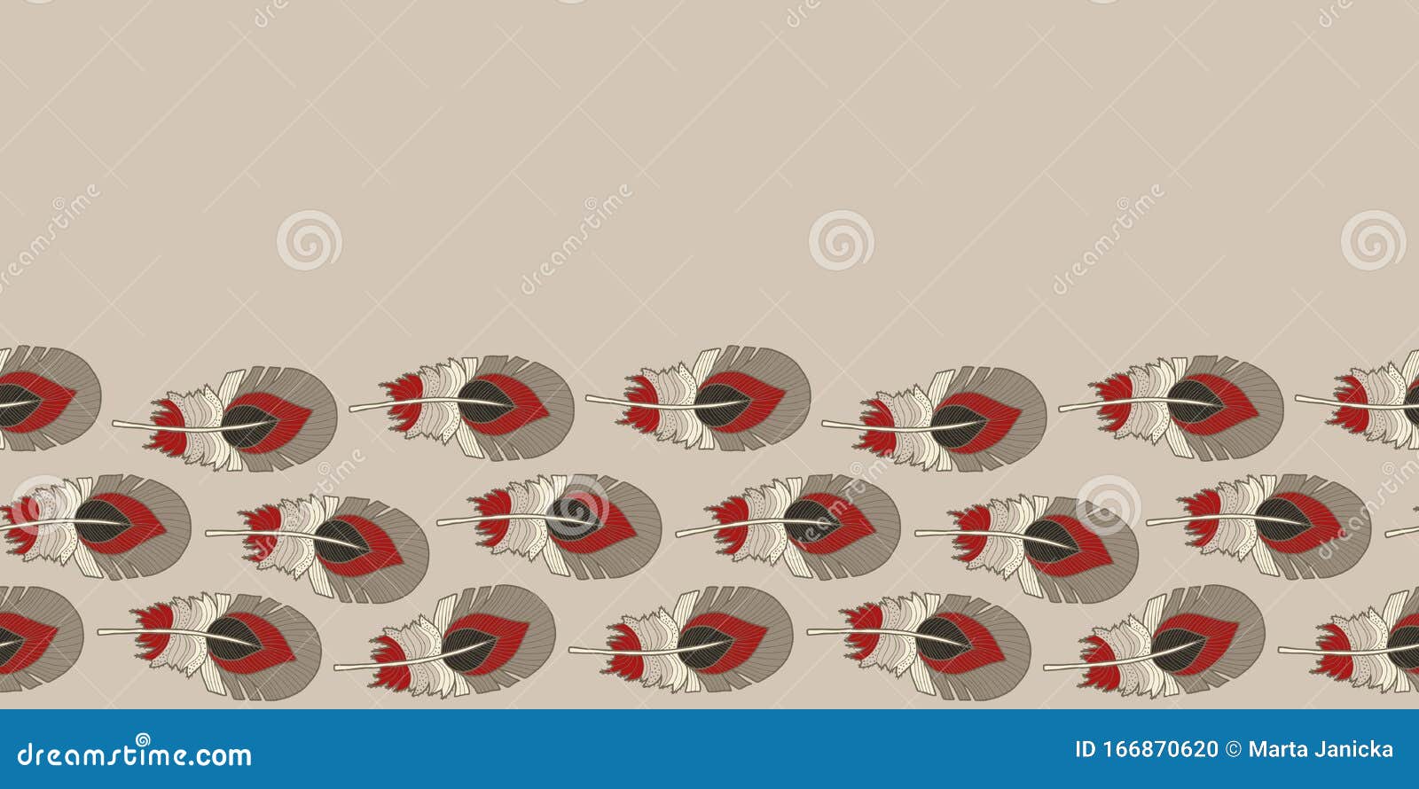 Vector Feather Seamless Border in Grey, White, Red Stock Vector ...