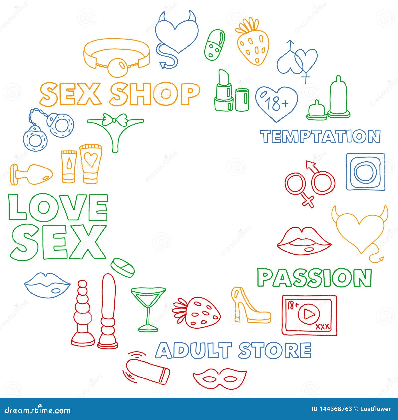 Vector Fijado Con Los Iconos De La Tienda Del Sexo Fondo Ertico De Los