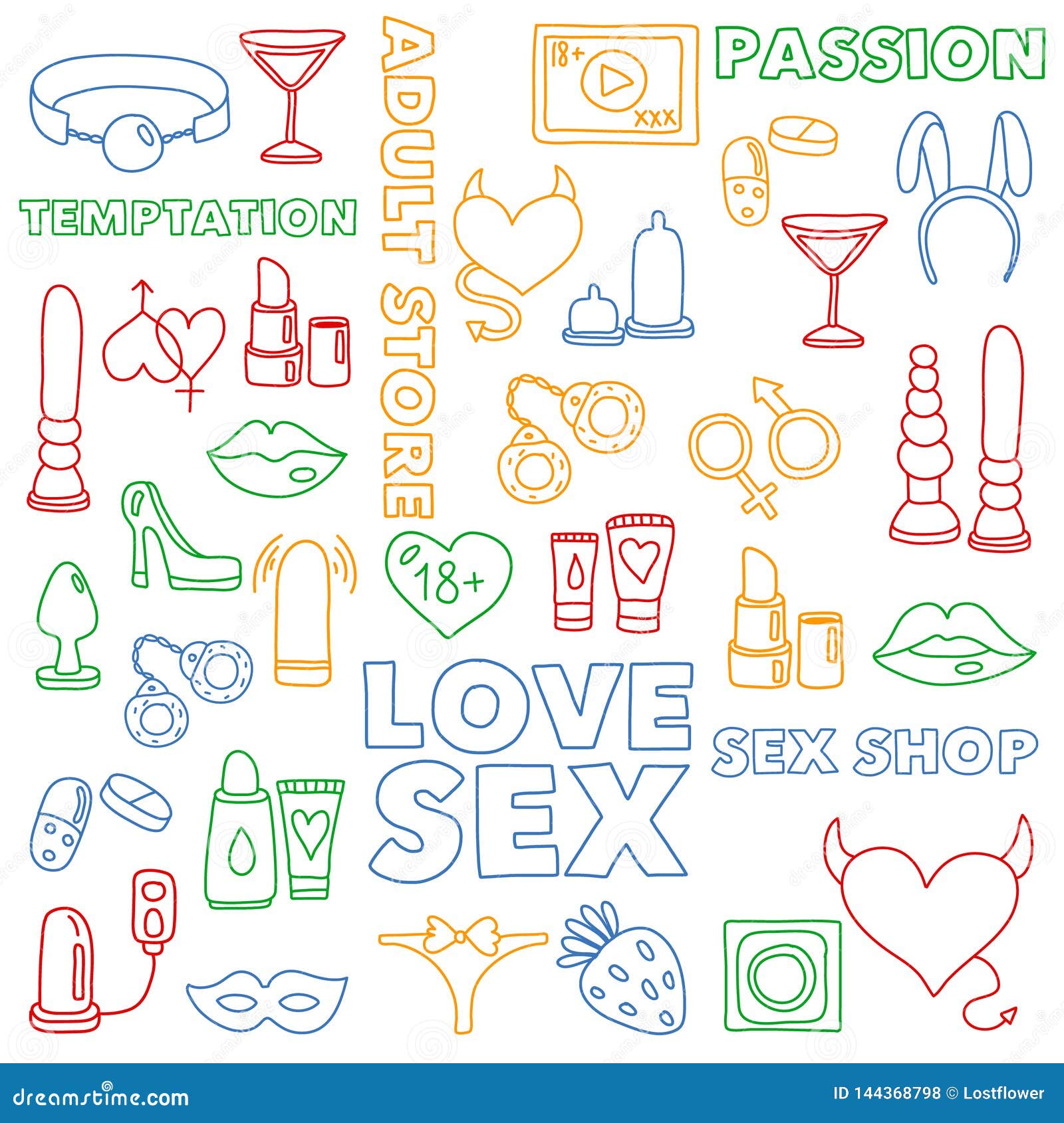 Vector Fijado Con Los Iconos De La Tienda Del Sexo Fondo Ertico De Los