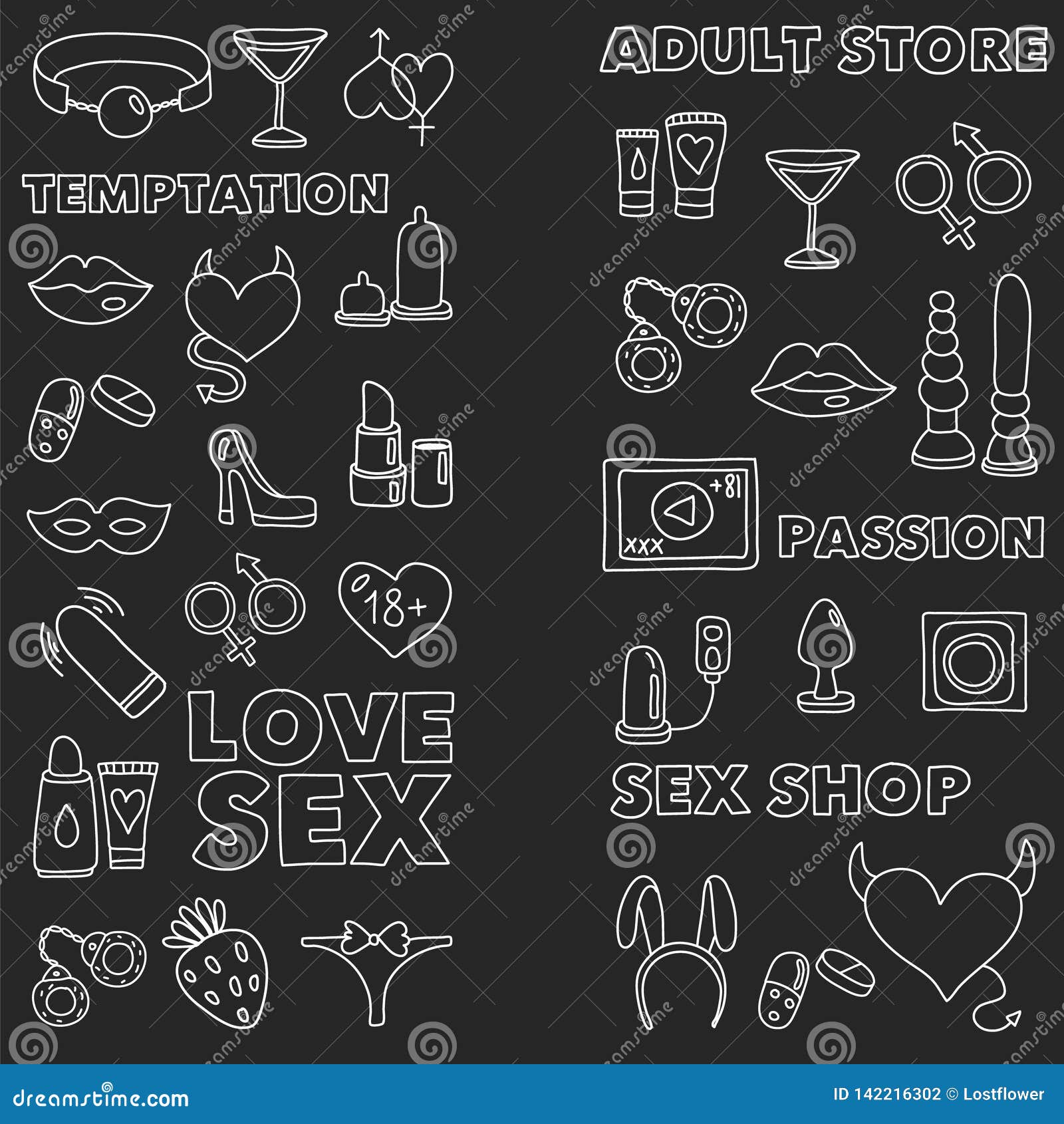 Vector Fijado Con Los Iconos De La Tienda Del Sexo Fondo Erótico De Los