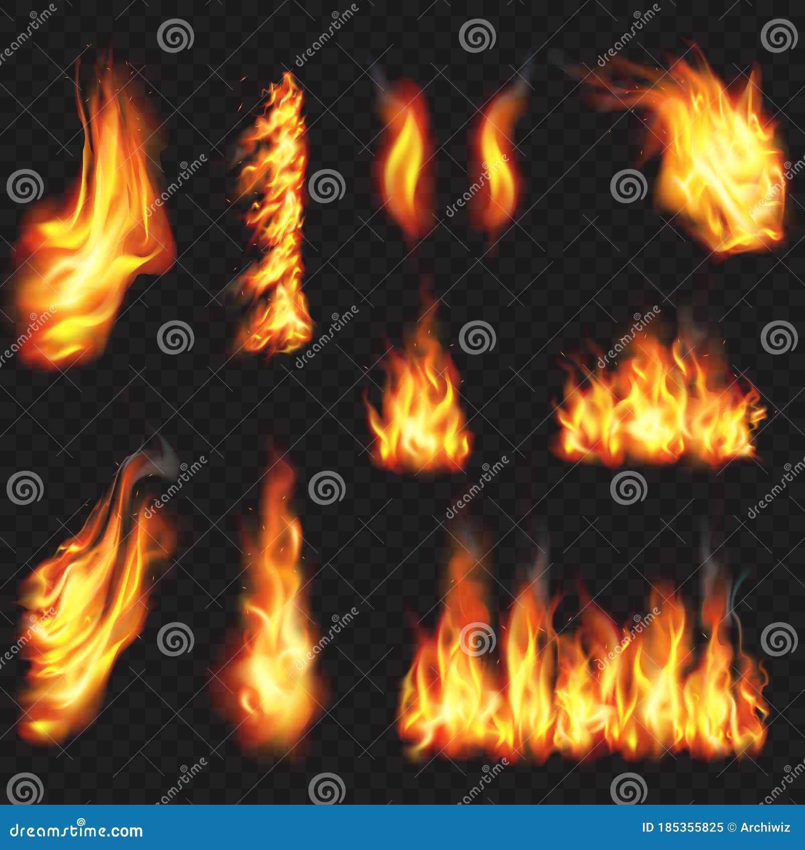 Realistic Fire Flames Set. Digital Fire Illustration Collection. Stock ...