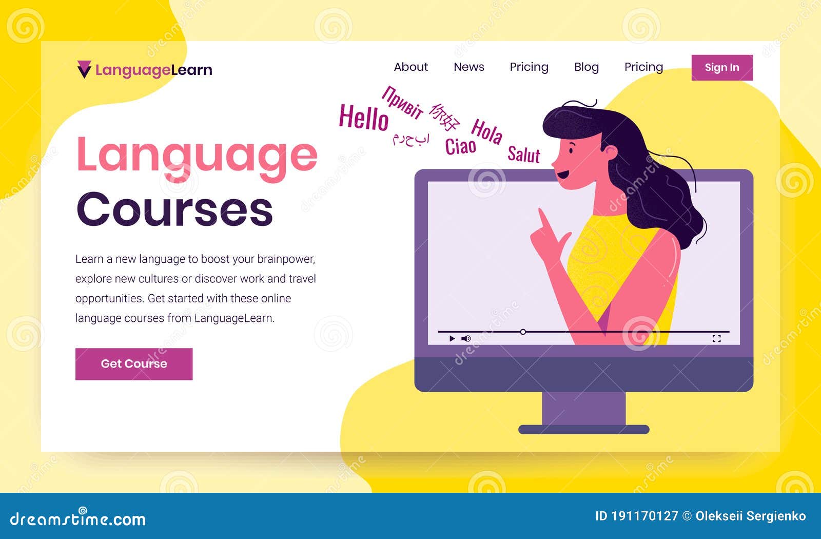 Vector First Screen Template with Female Language Tutor Demonstrating ...
