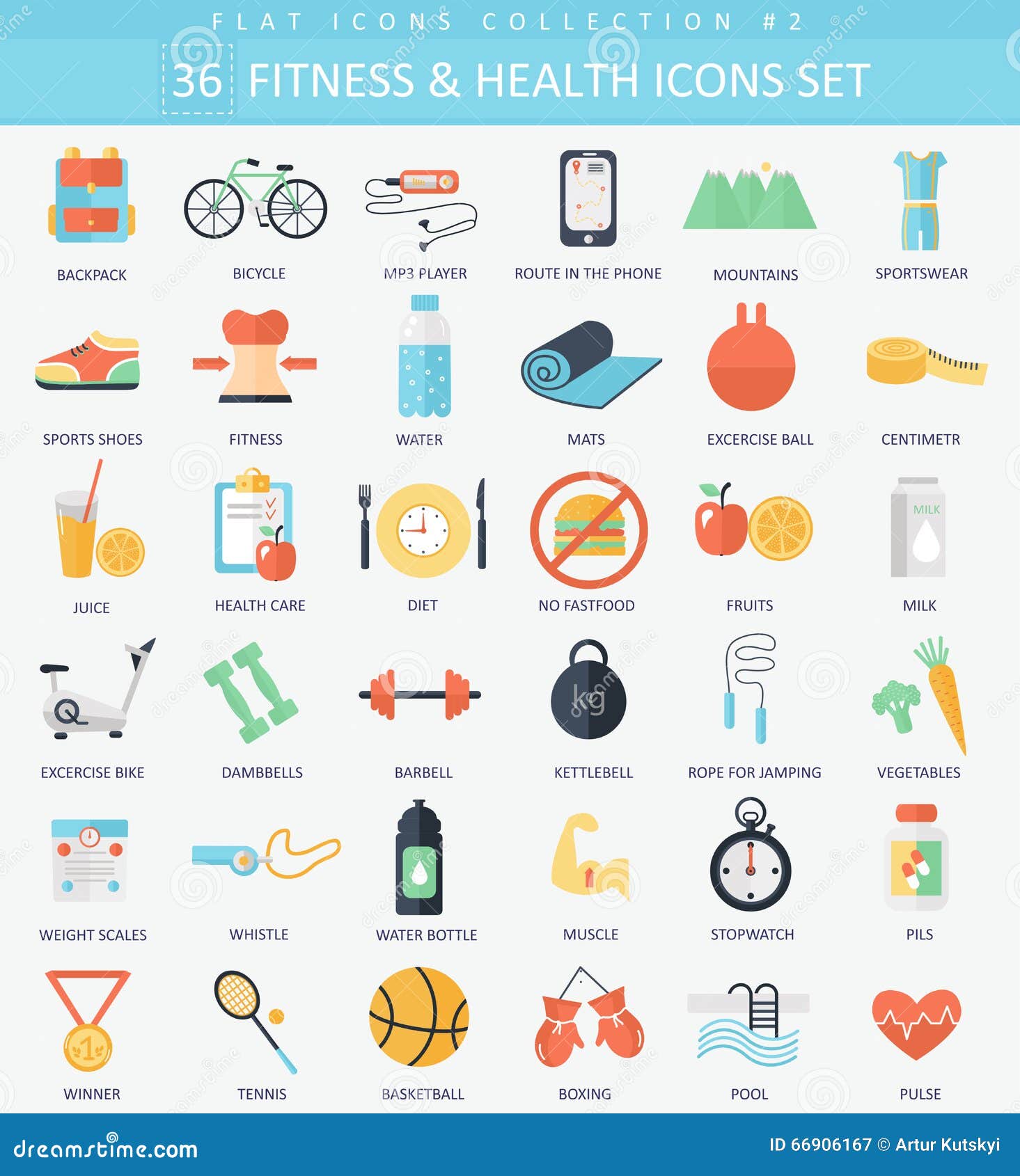 Vector Fitness And Health Flat Icon Set Elegant Style Design Stock