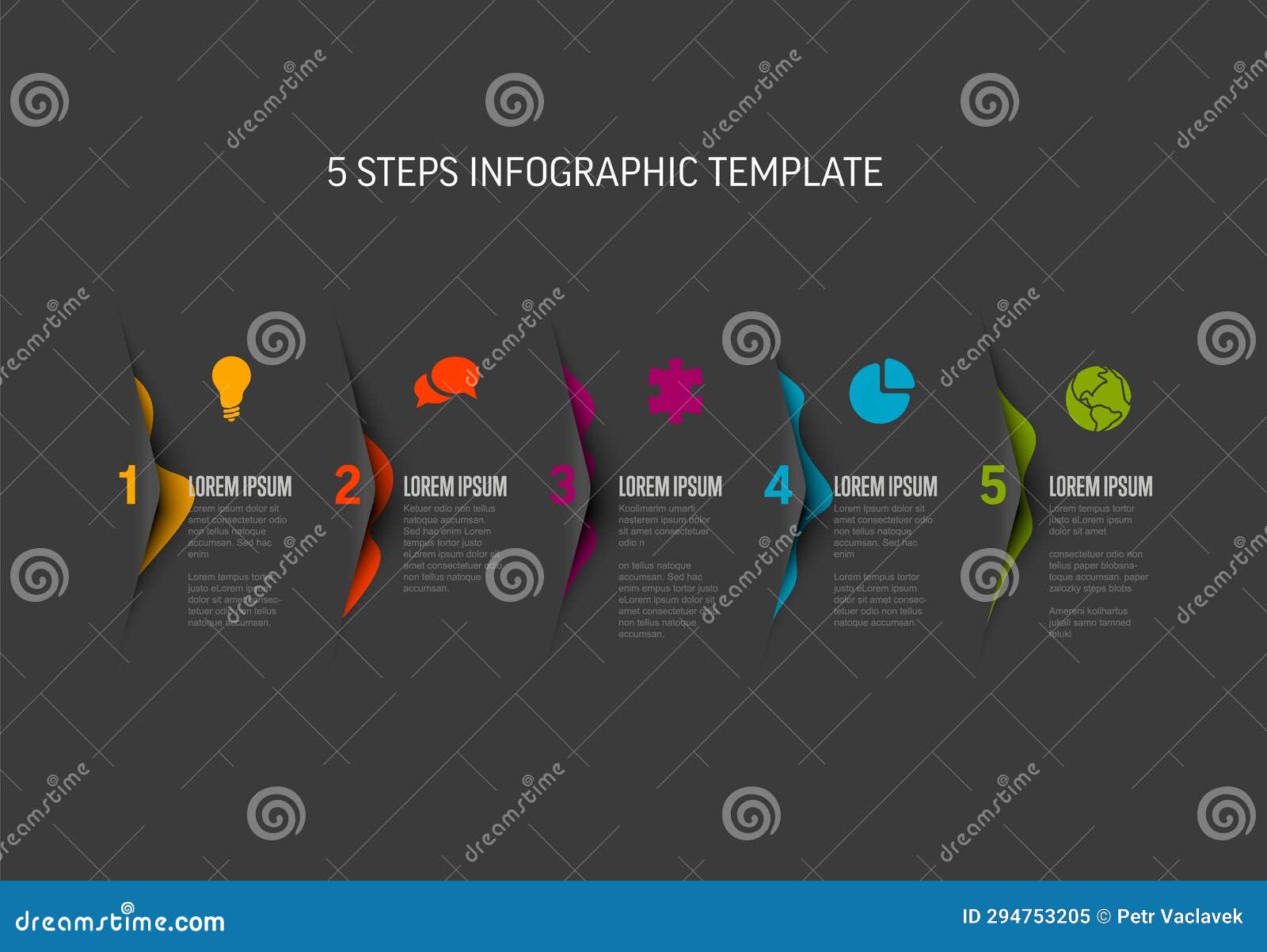 Vector Five Steps Progress or Options Template with Color Icons on Dark ...