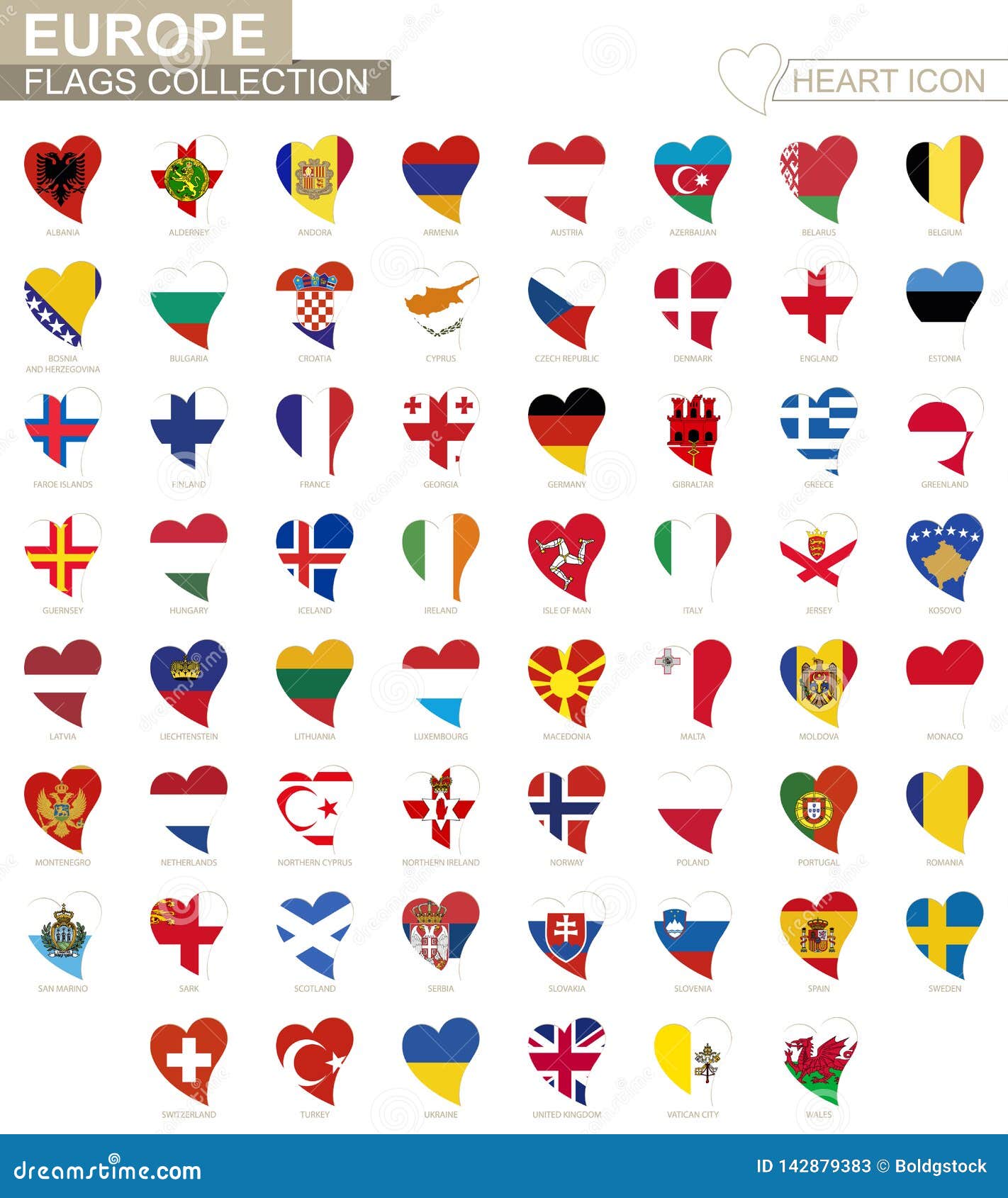 Vector Flag Collection of European Countries. Heart Icon Set Stock ...