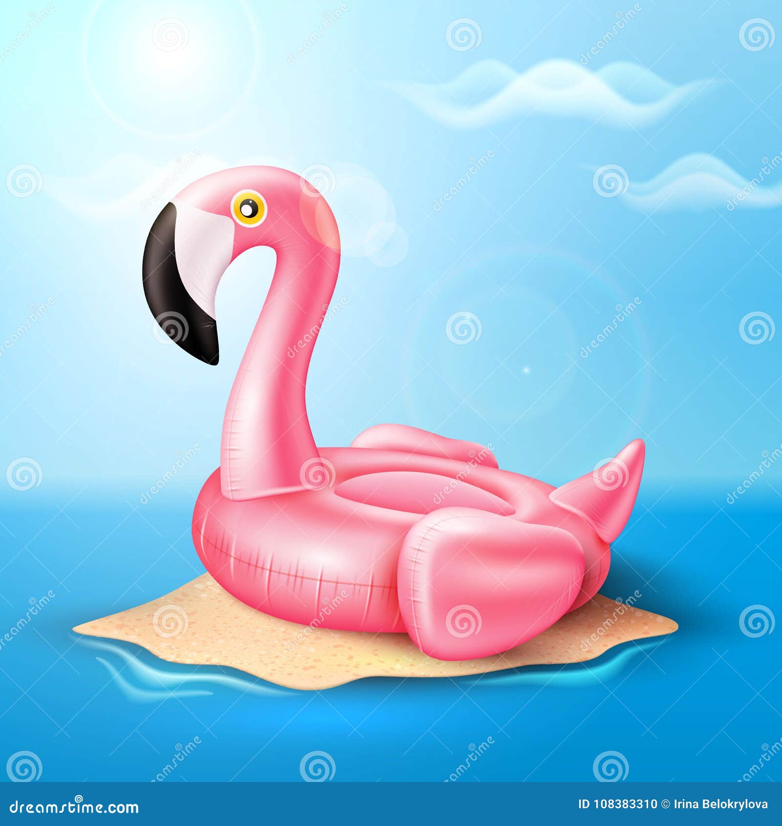 Vector Flamingo Inflatable Pool Ring On Beach Stock Vector