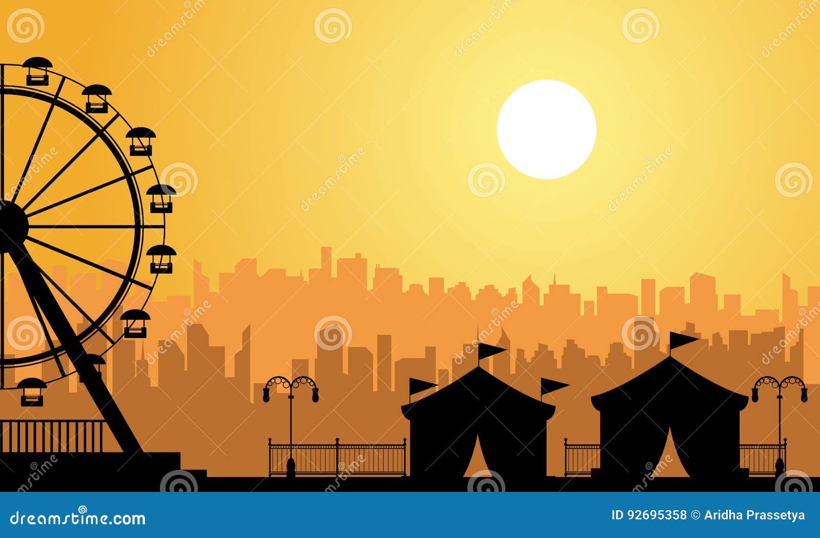 Vector Flat Amusement Park Scenery at Sunrise Stock Vector ...