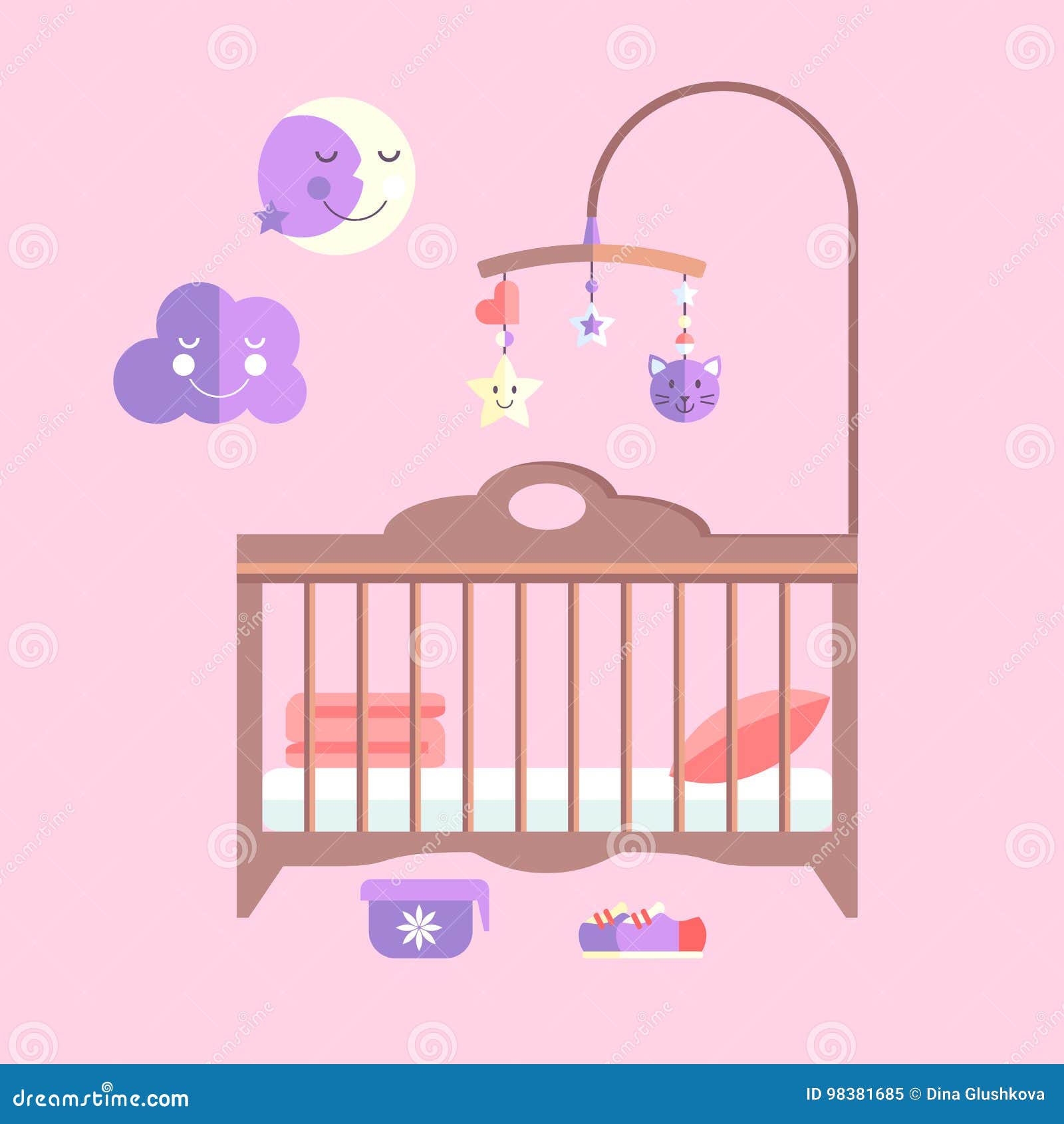 Vector Flat Baby Bed. Infant Bedroom with Mobile Stock Vector ...