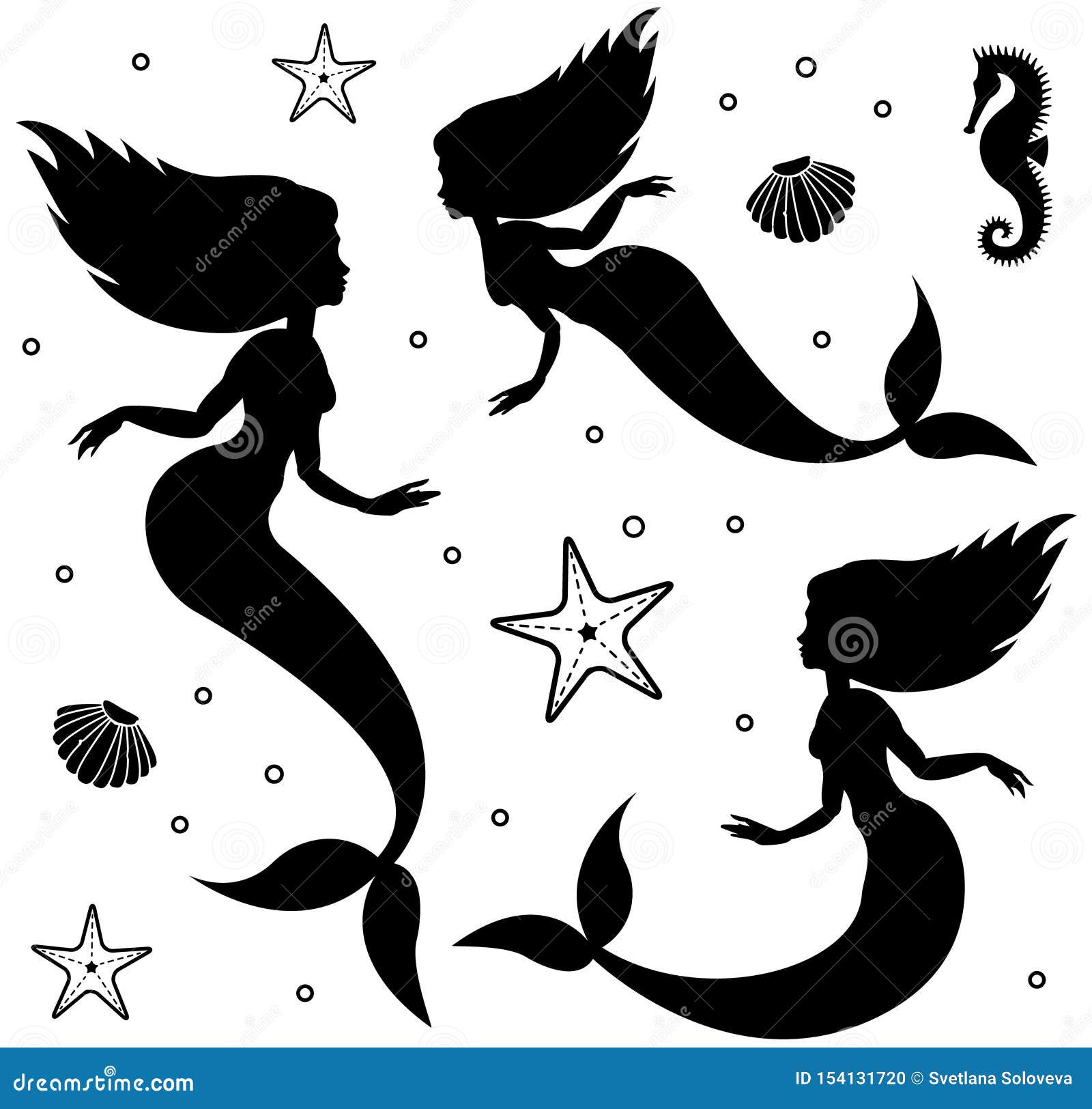 Vector Flat Black Set of Mermaid Silhouette Stock Vector - Illustration ...