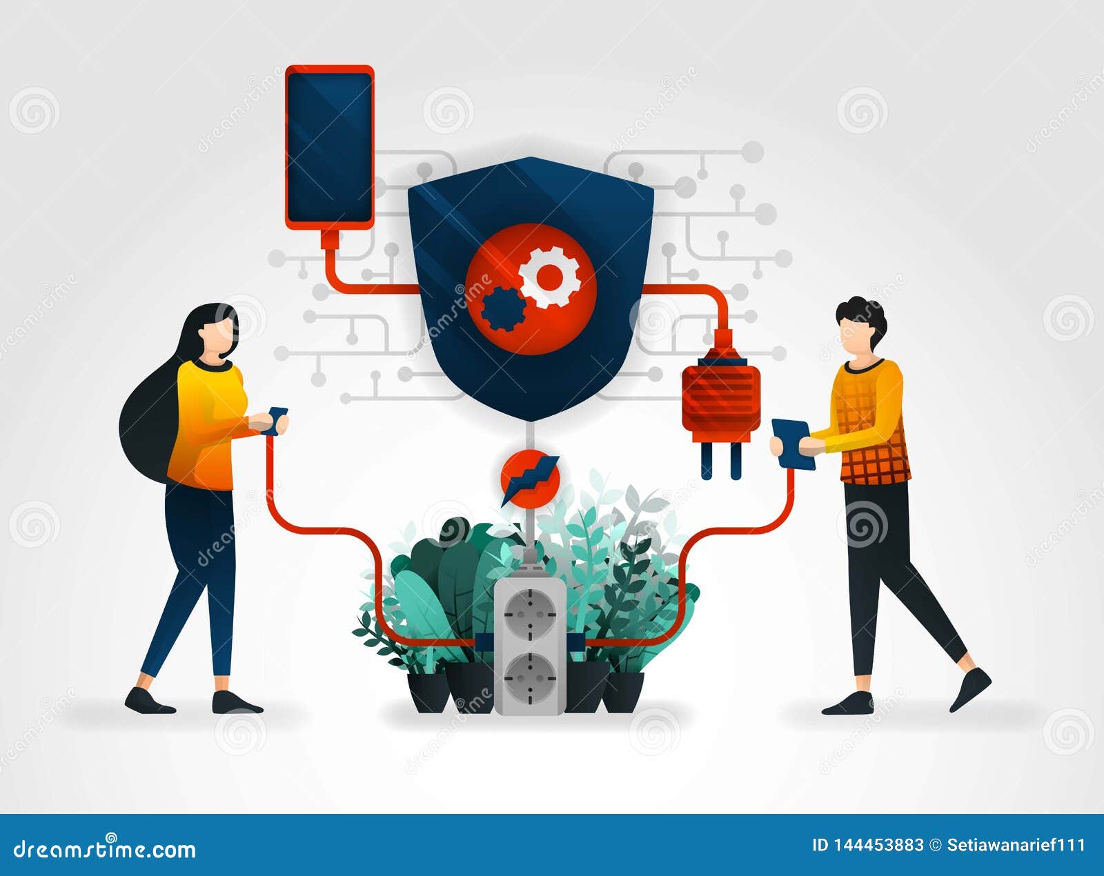 Vector Flat Cartoon Character. People are Sharing Electricity in a ...