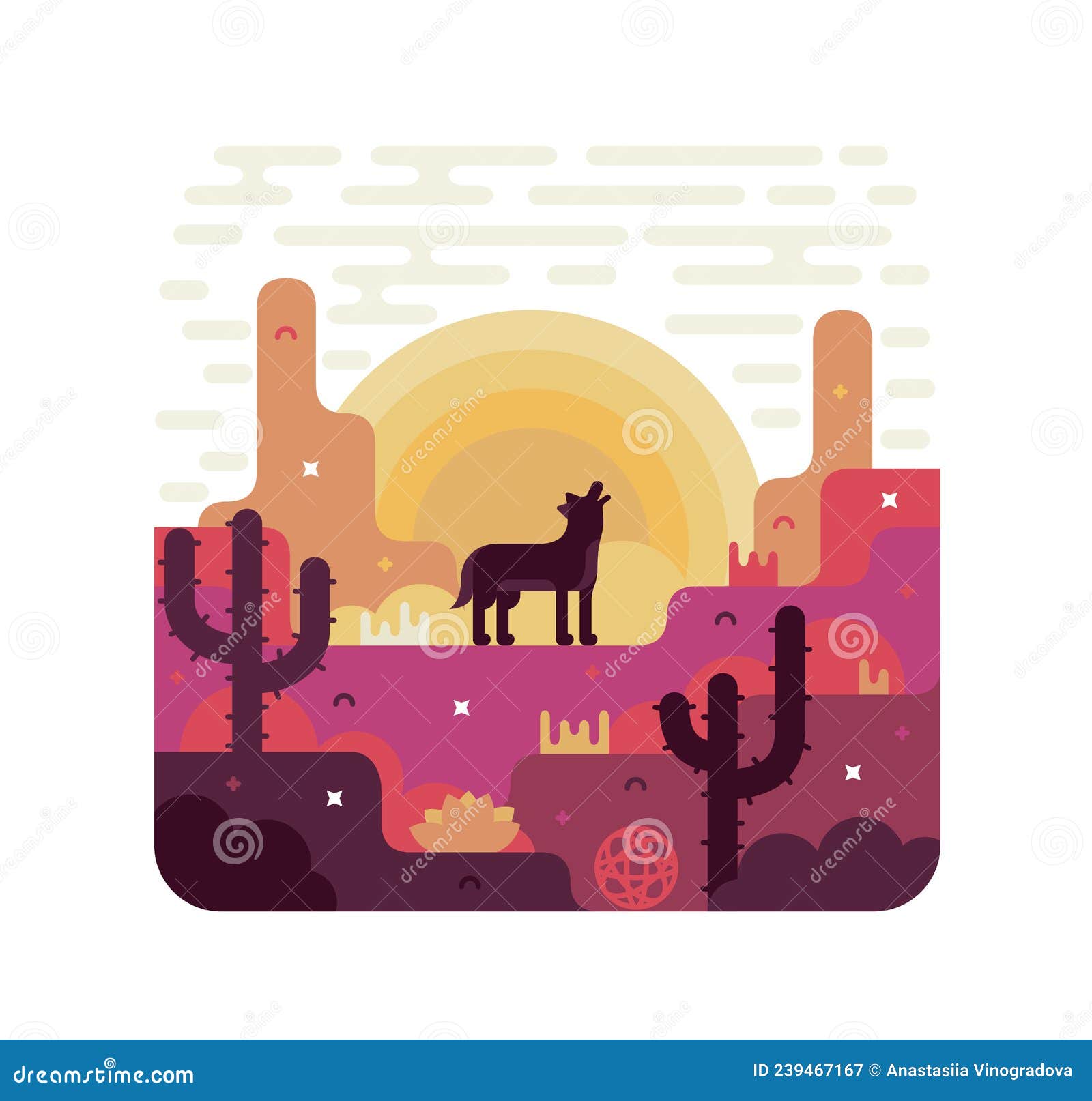 Vector Flat Cartoon Illustration of Desert, Wolf, Cactus and Sunrise in ...