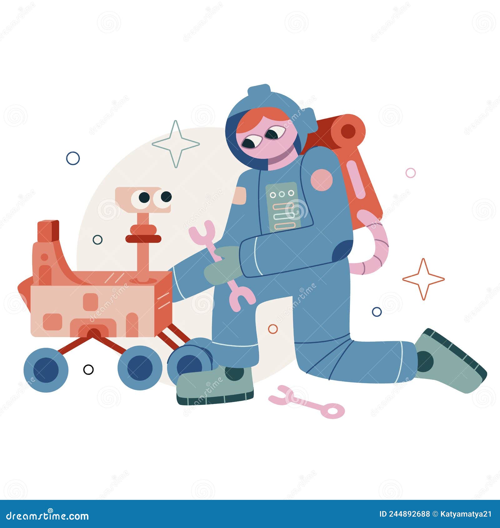 Vector Flat Cartoon Illustration. Space Adventures. Astronaut Fixes the ...