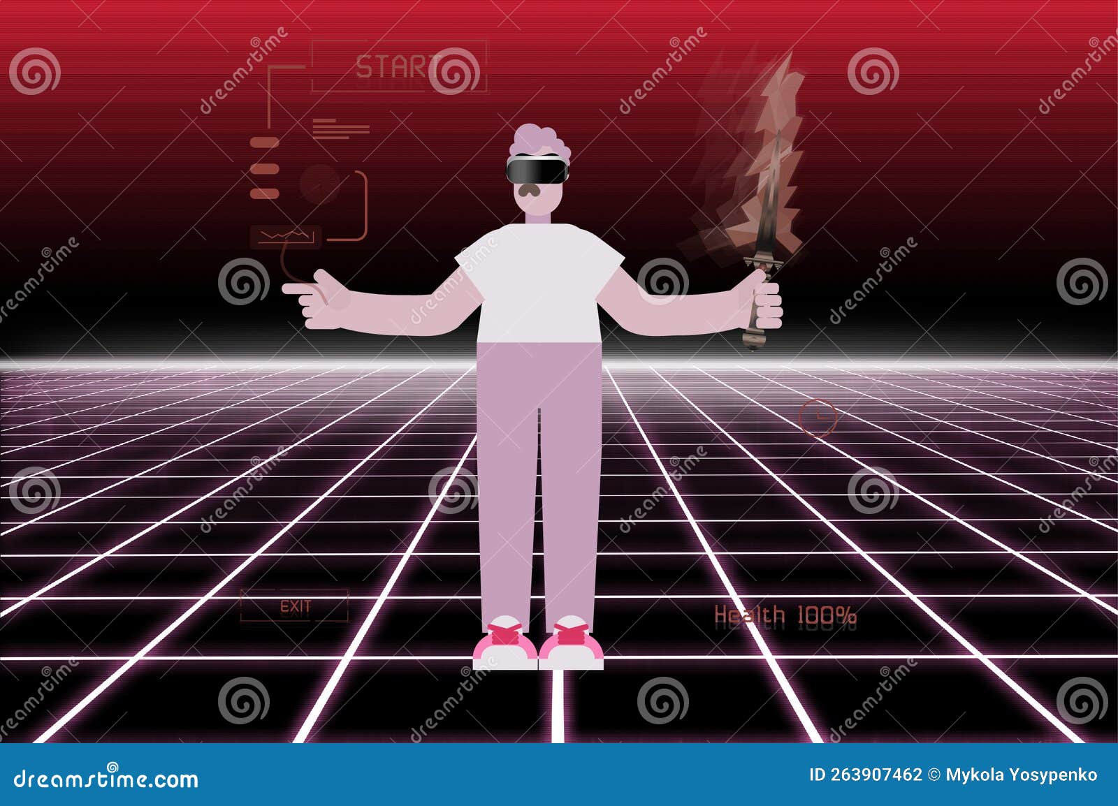 Vector Flat Character of a Game Addicted Boy in VR Headset in Virtual ...