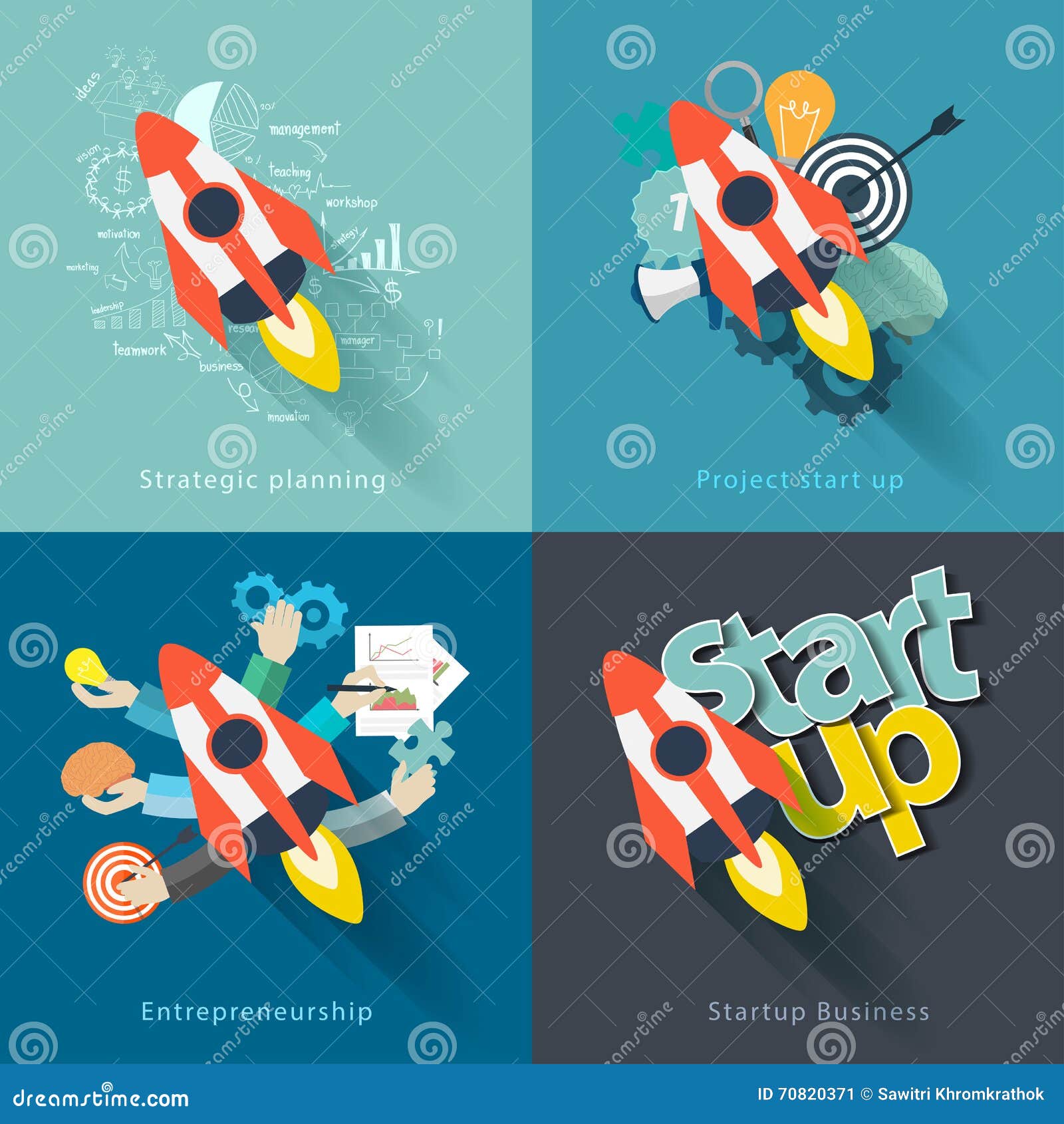 Vector Flat Concept Background with Rocket Project Start Up Stock ...