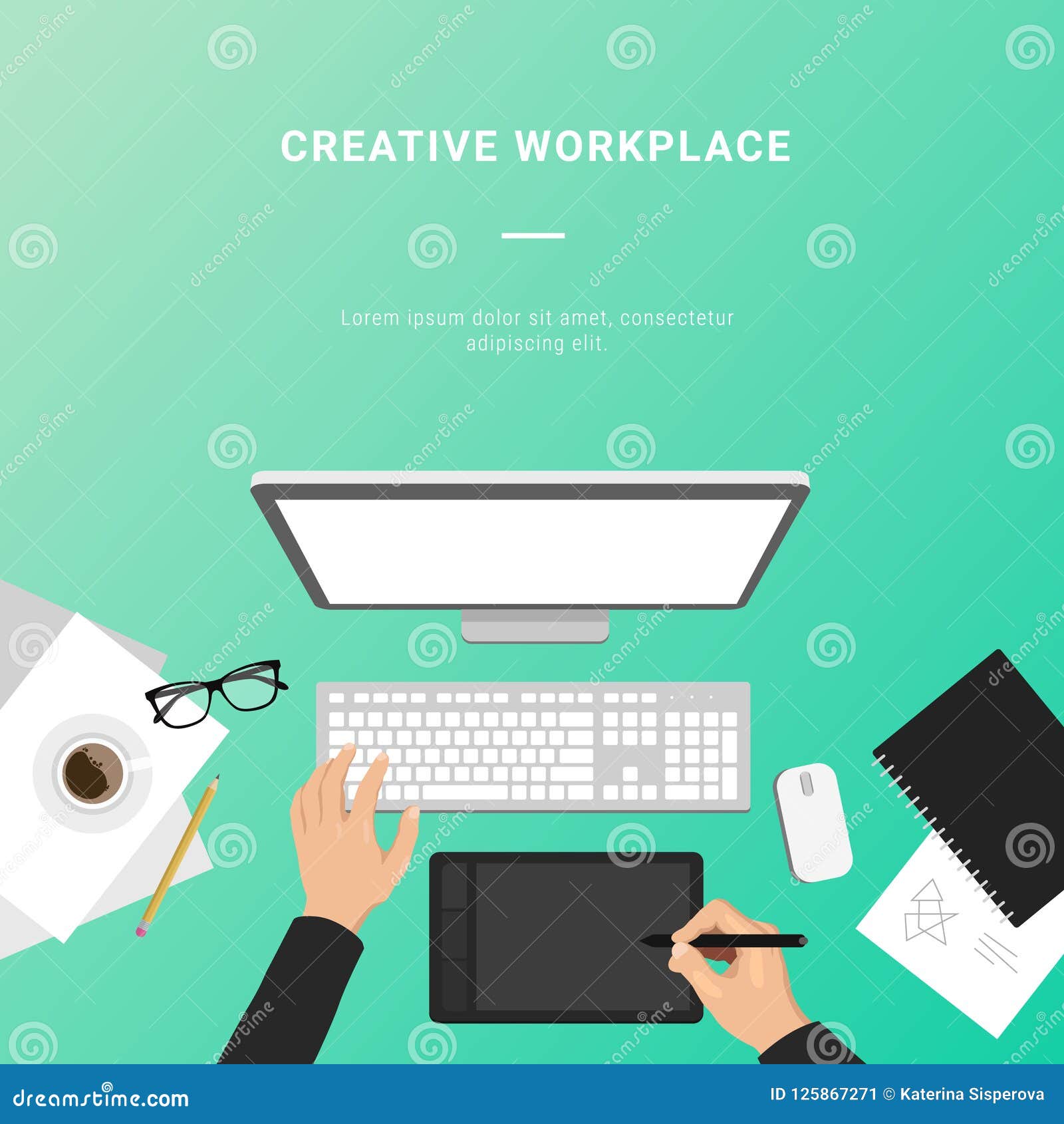 Vector Flat Creative Workplace with Computer, Hand Drawing on Gr Stock ...