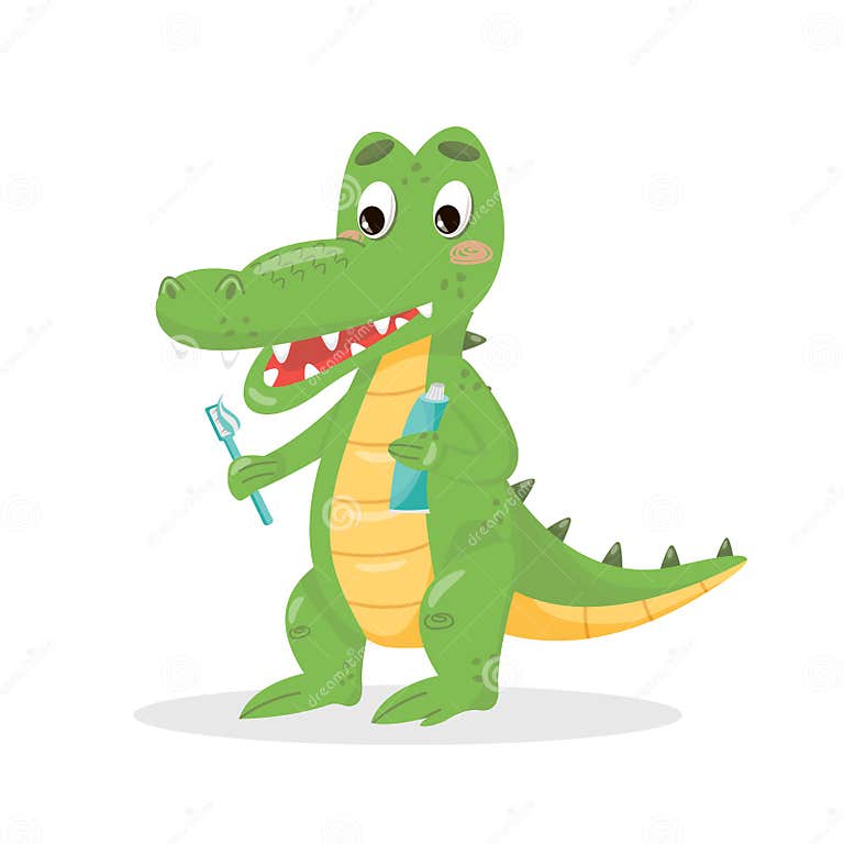 Vector Flat Crocodile with Toothbrush and Toothpaste. Stock Vector ...