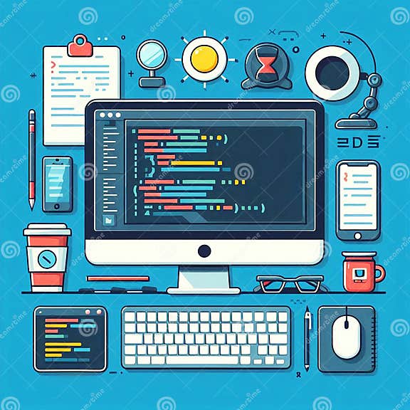 Coding and Programming Software on Screen: a Vector Flat Design Illustration Stock Illustration ...