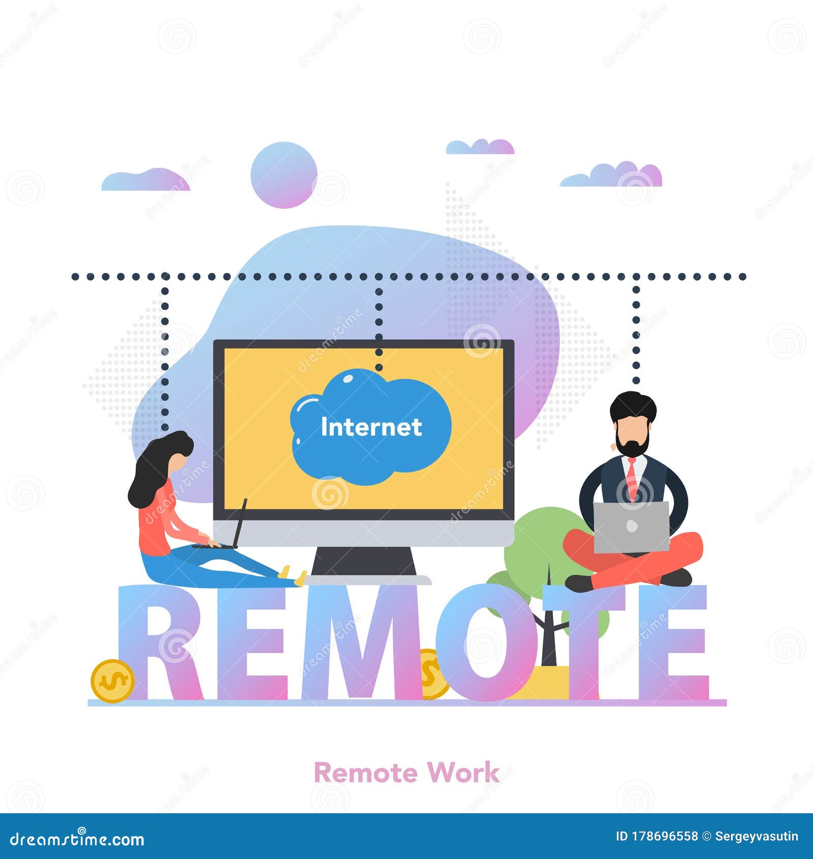 Vector Flat Design of People on Remote Work Stock Vector - Illustration ...