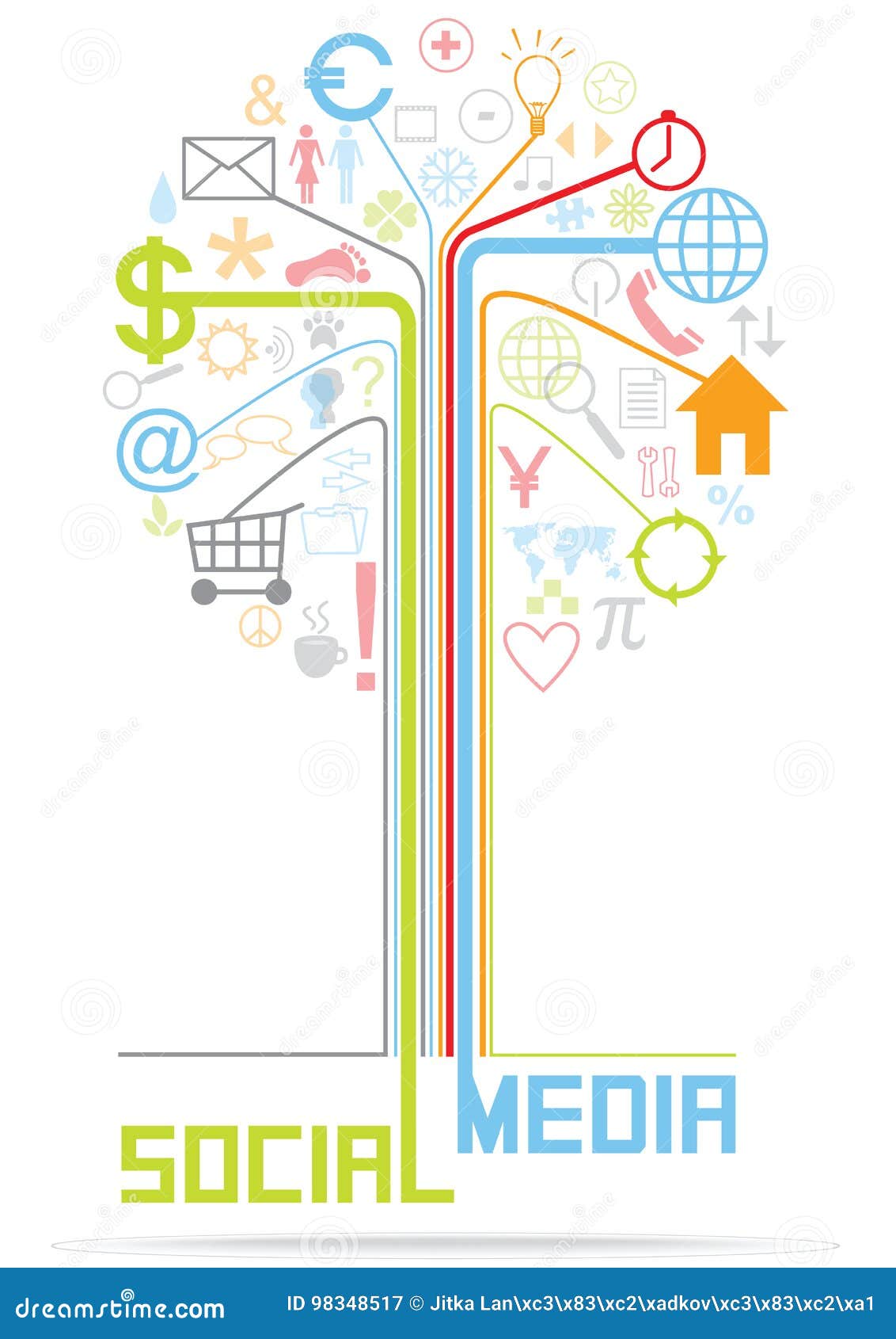 Vector Flat Design Tree Illustration with Social Media Icons Stock ...