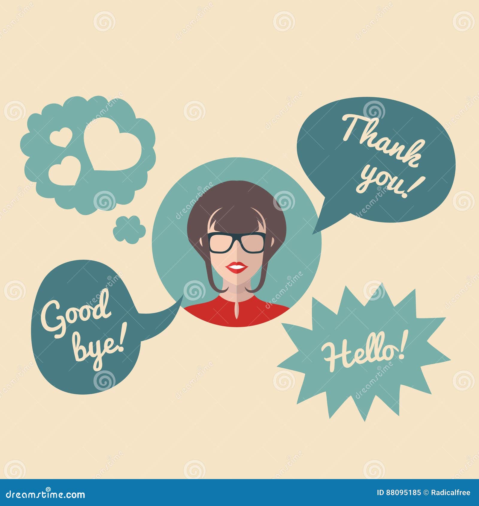 Vector Flat Female Round Icon with Speech Bubbles and Text Hello, Good ...